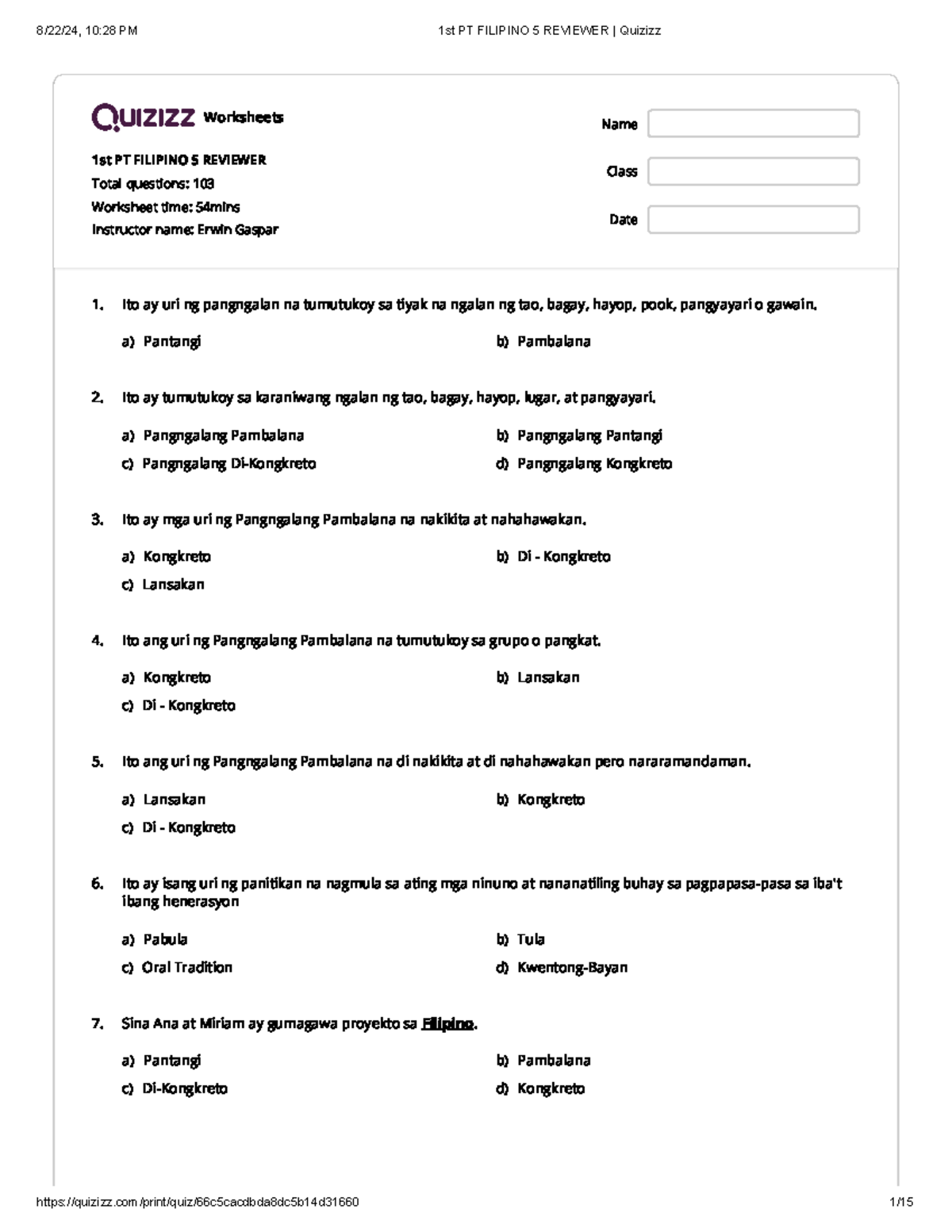 1st PT Filipino 5 Reviewer Quizizz - Worksheets 1st PT FILIPINO 5 ...