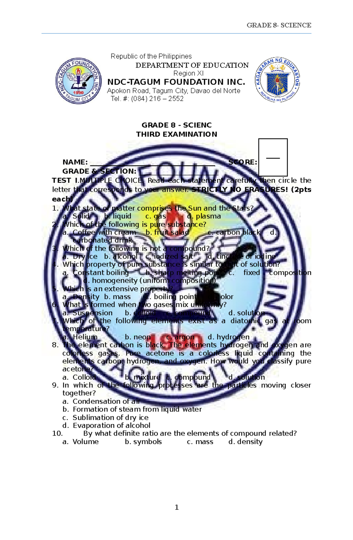 3RD Prelim EXAM-G 8 - exam - GRADE 8- SCIENCE Republic of the ...