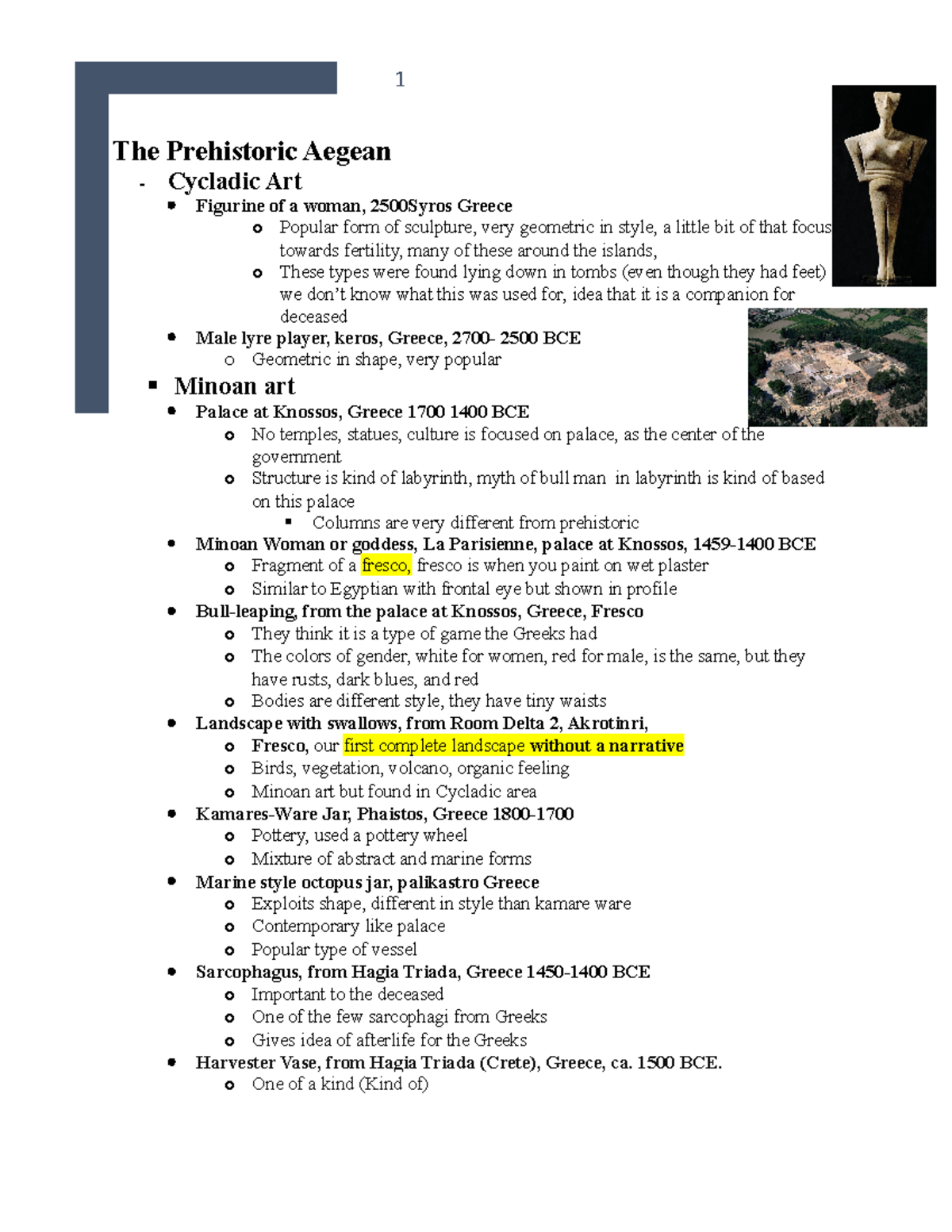 Art History 261 chapter 4 through 6 - 1 The Prehistoric Aegean ...