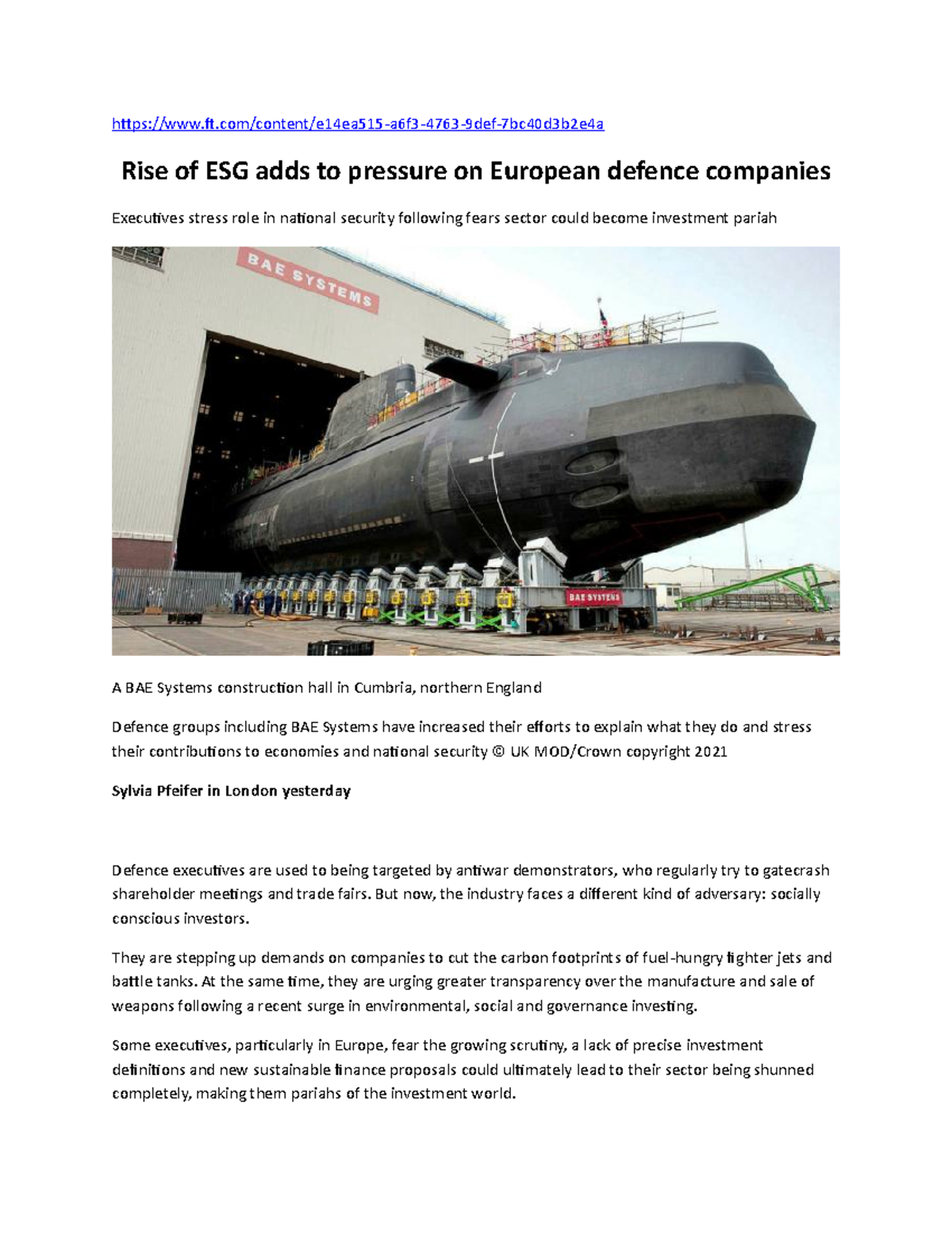 Rise of ESG adds to pressure on European defence companies - - Studocu