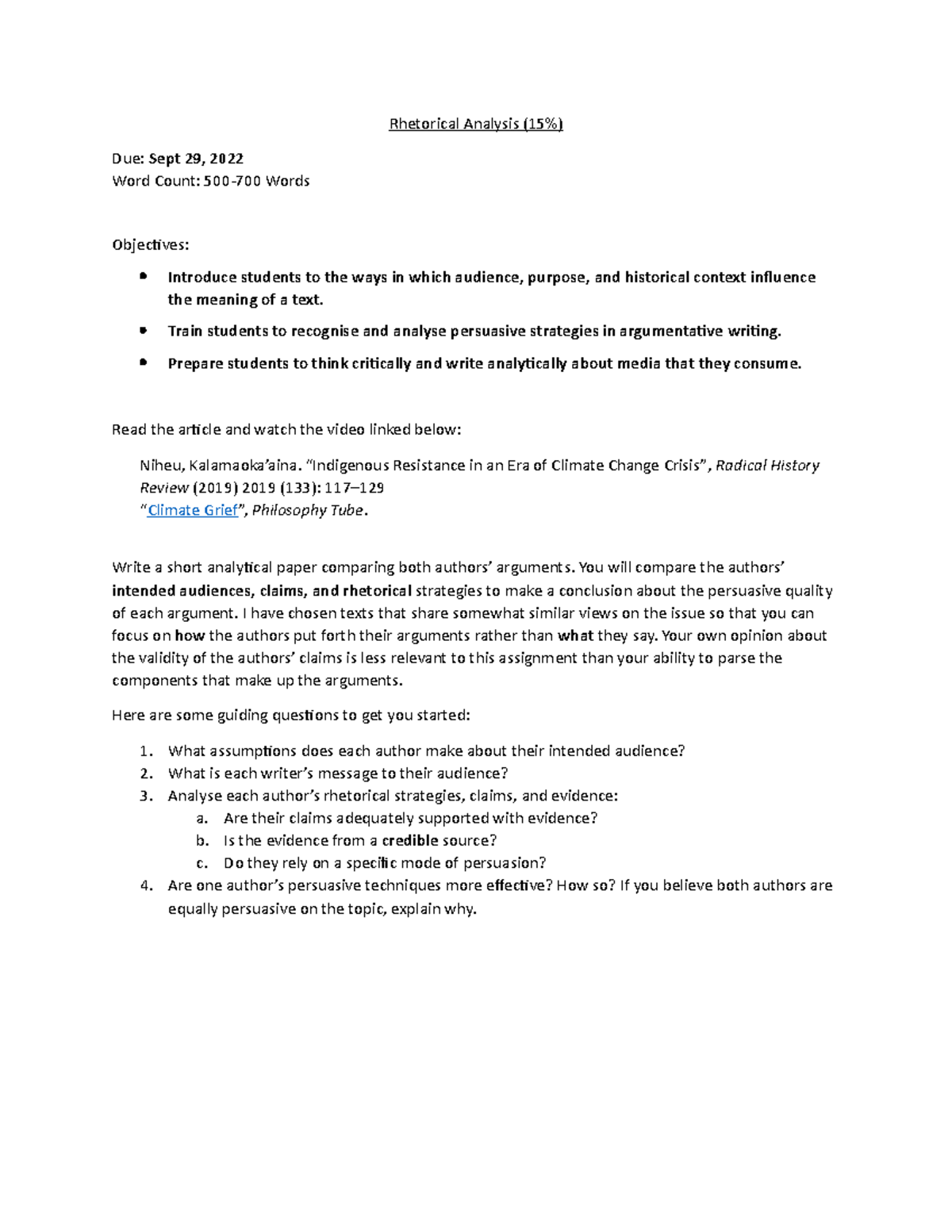 Rhetorical Analysis Assignment - Rhetorical Analysis (15%) Due: Sept 29 ...