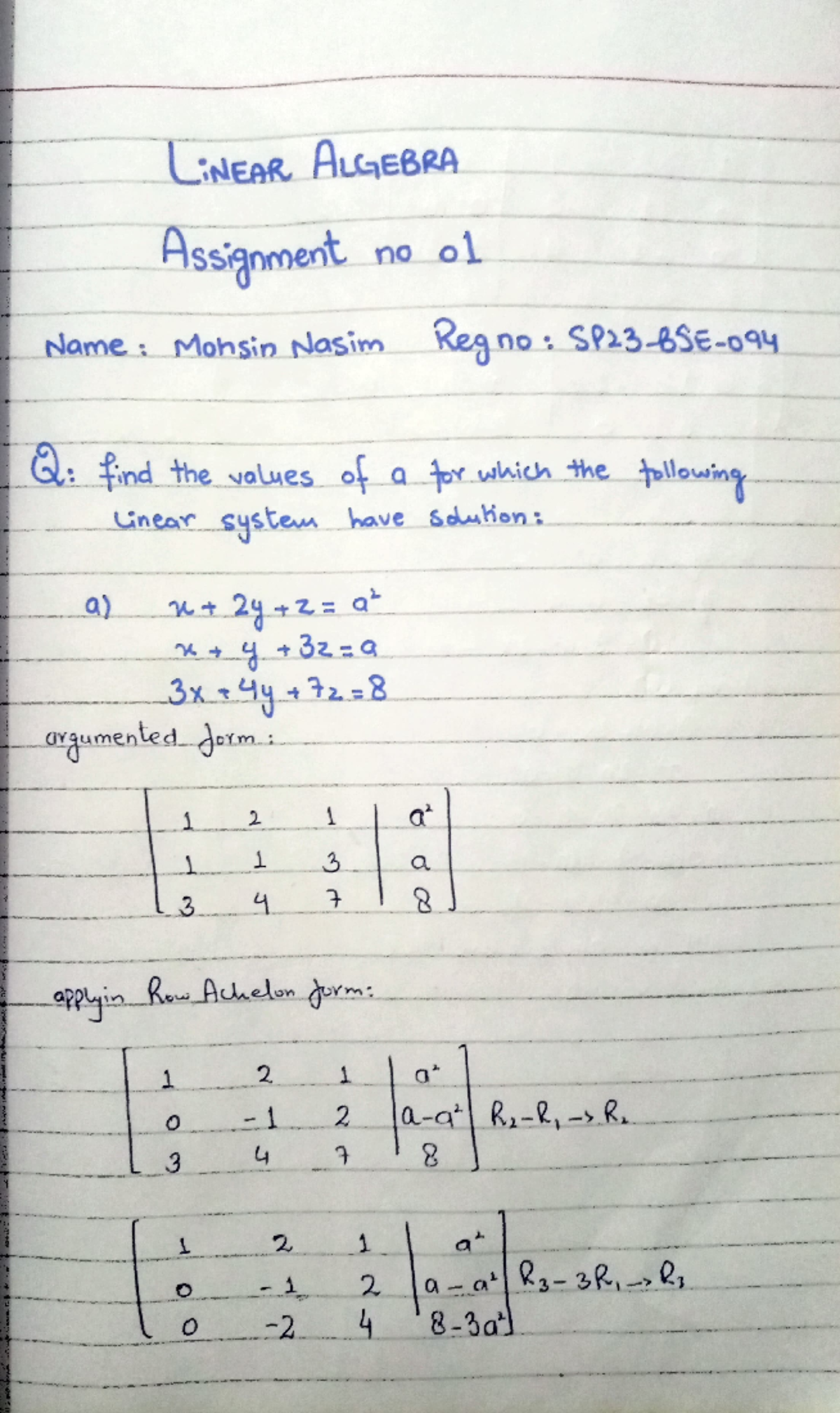 Assignment 1 - Linear Algebra - LNEAR ALEBRA Assianment no ol Name ...