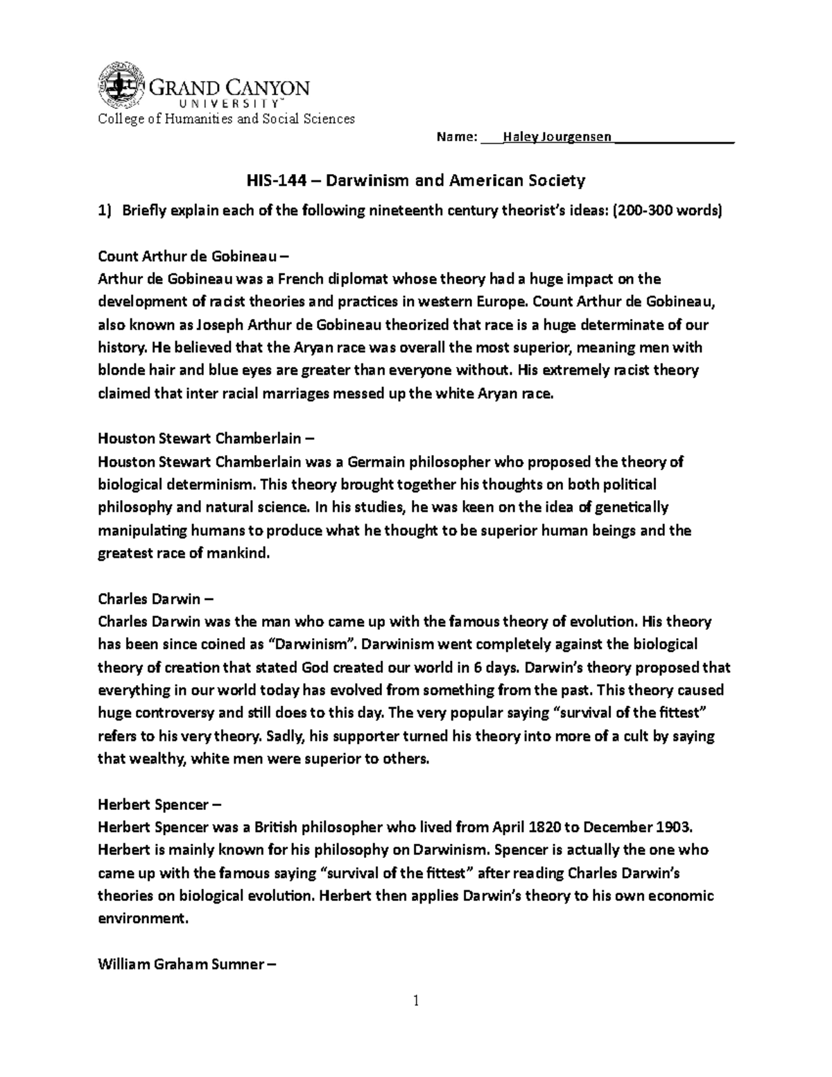 HIS-144 Darwinism and American Society - College of Humanities and ...