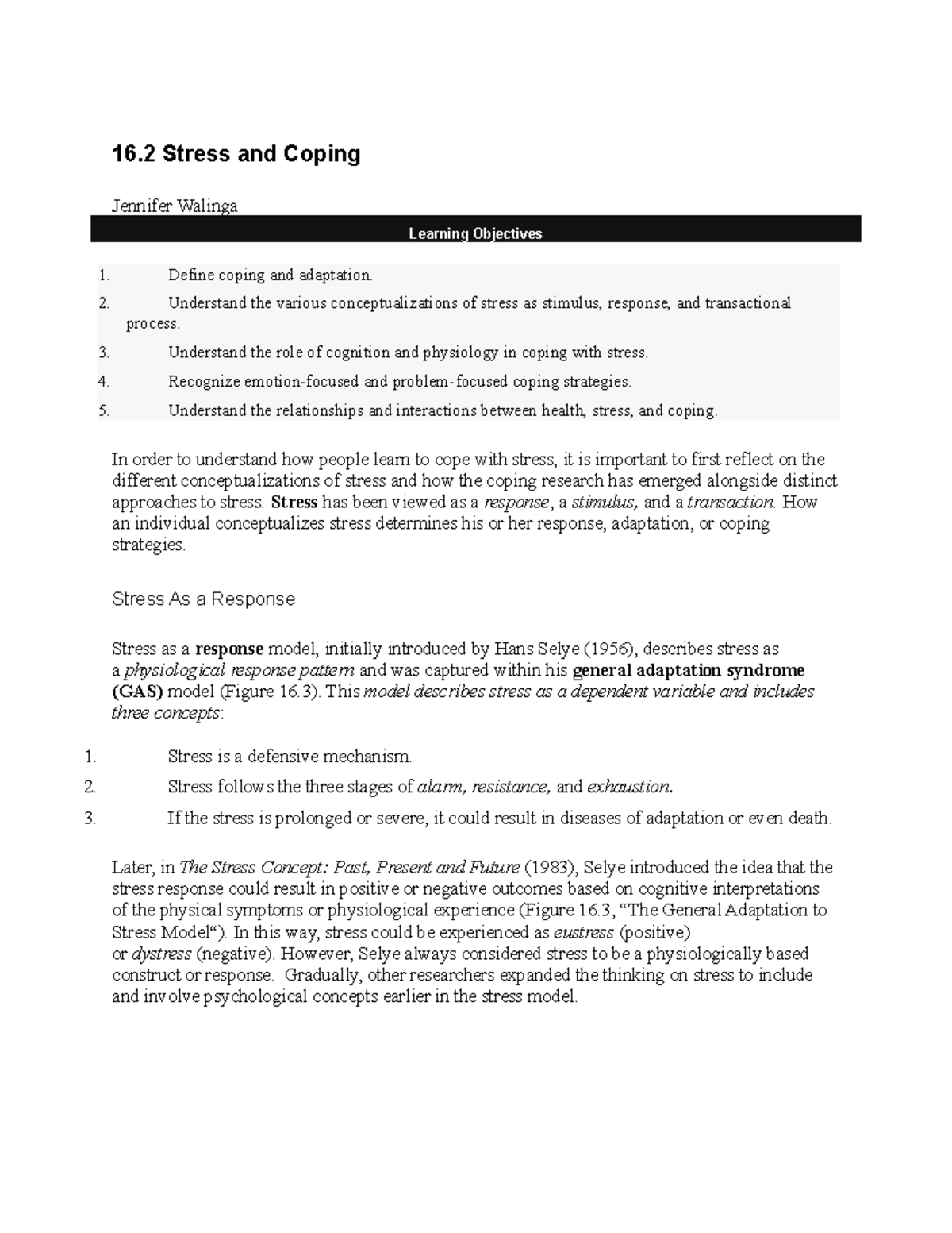 Coping and stress 2 - ASSIGNMENTS - 16 Stress and Coping Jennifer ...