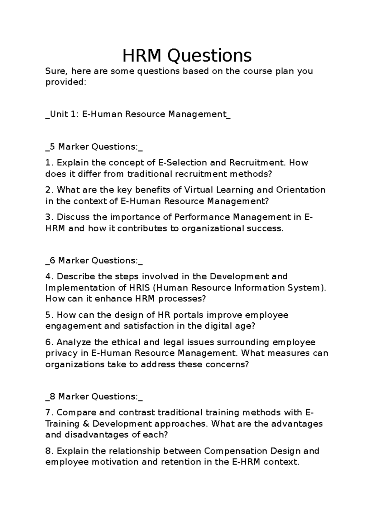 HRM Questions - HRM Questions Sure, here are some questions based on ...