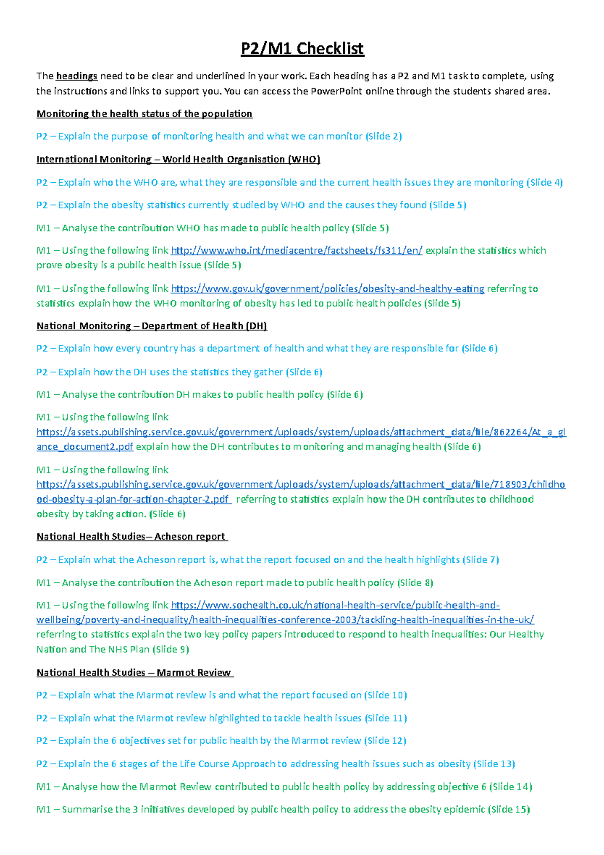 Unit 8 P2 M1 Checklist - yyyy - P2/M1 Checklist The headings need to be ...