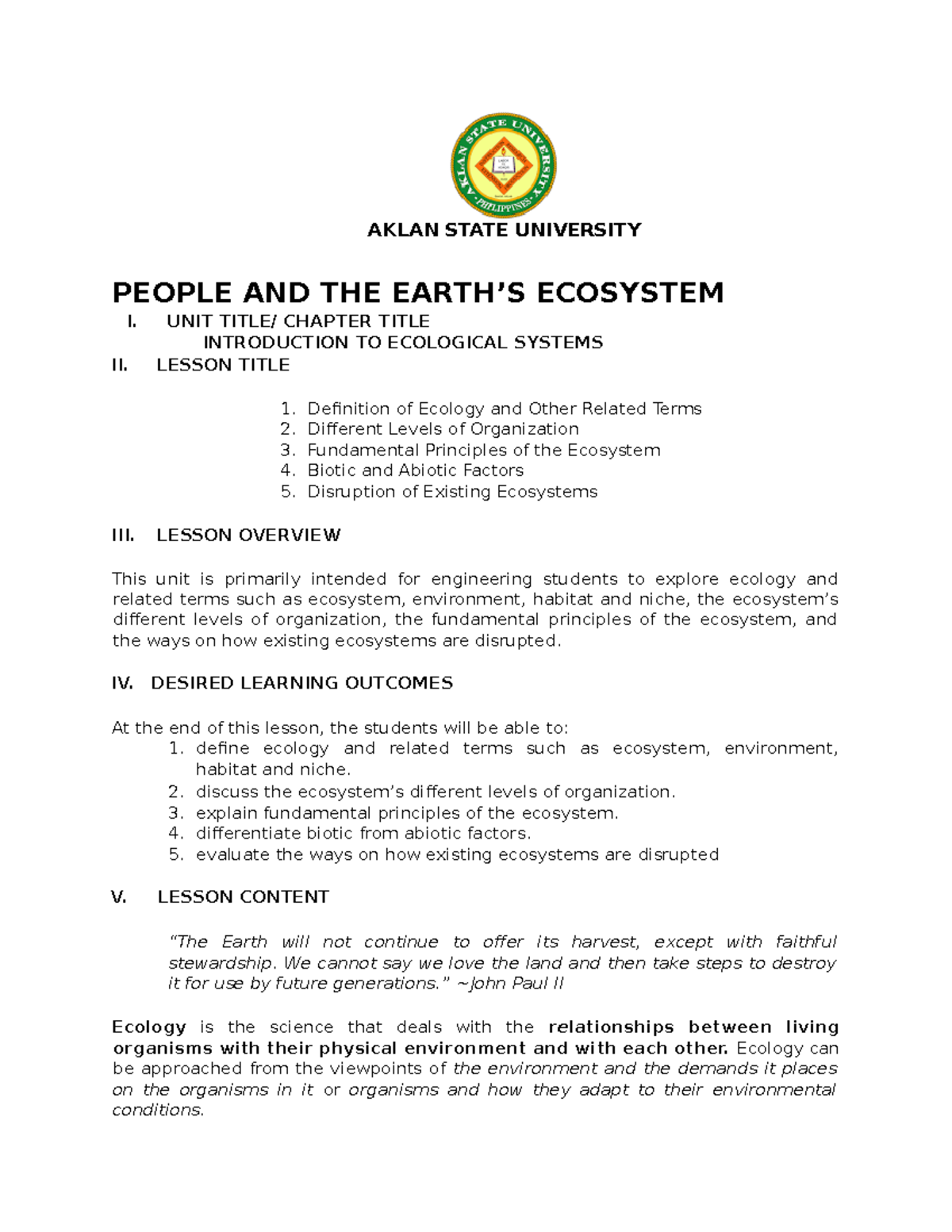 People AND THE Earth- Introduction TO Ecological Systems - AKLAN STATE ...