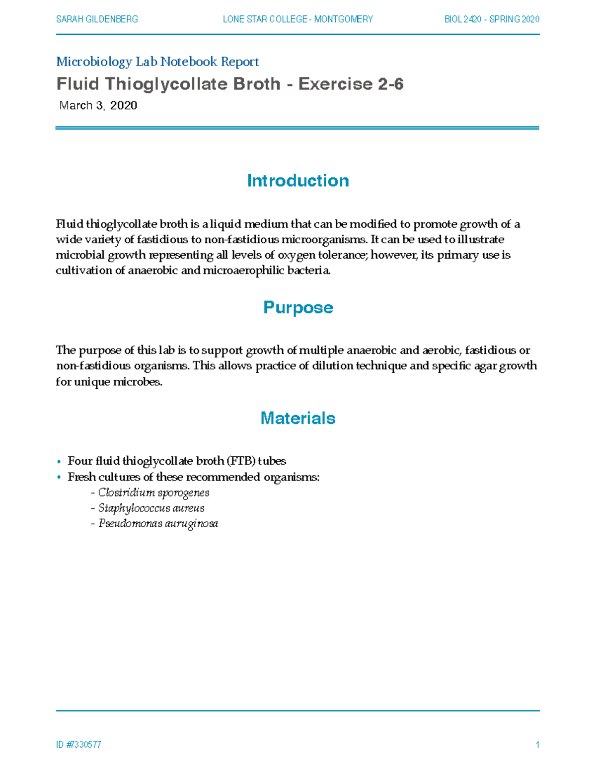 Complete FTB Lab - lab - Microbiology Lab Notebook Report Fluid Thioglycollate Broth - Exercise ...