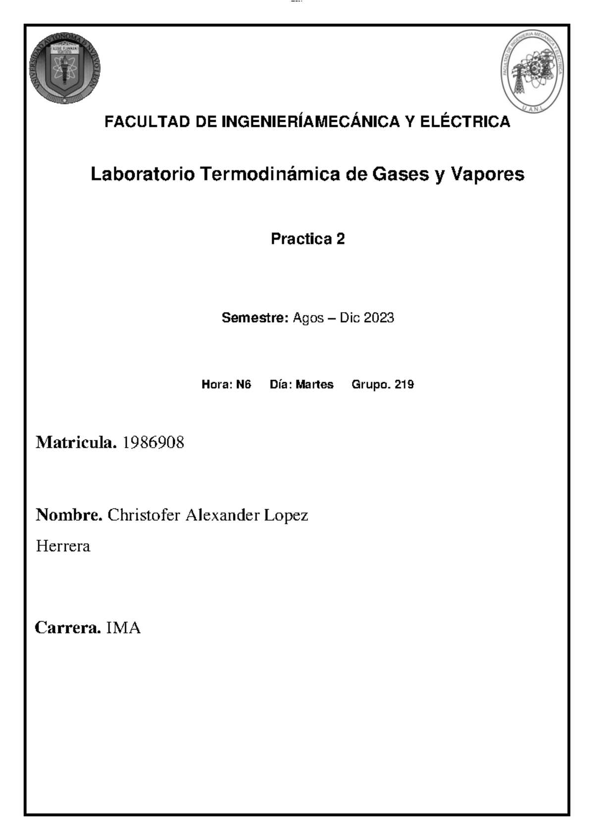 Practica-2-termo - termo de gases y vapores - FACULTAD DE INGENIERÍAMECÁNICA Y ELÉCTRICA ...