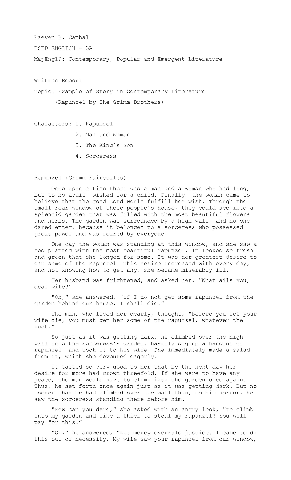 Rapunzel written handout - Raeven B. Cambal BSED ENGLISH – 3A MajEng19 ...