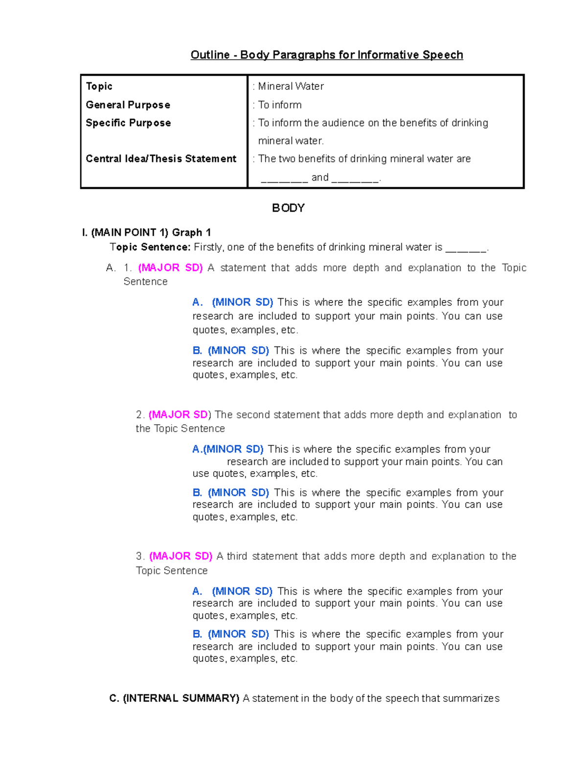 Outline Informative Speech ELC590 - Outline - Body Paragraphs for ...
