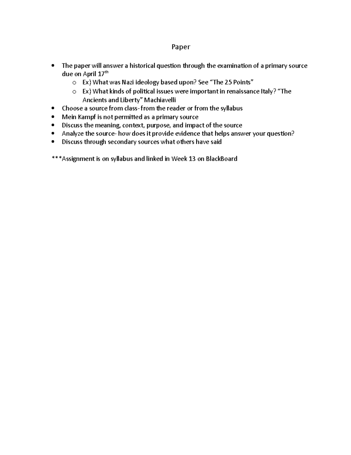 HIS 103 Primary Source Paper Directions - Paper The paper will answer a ...