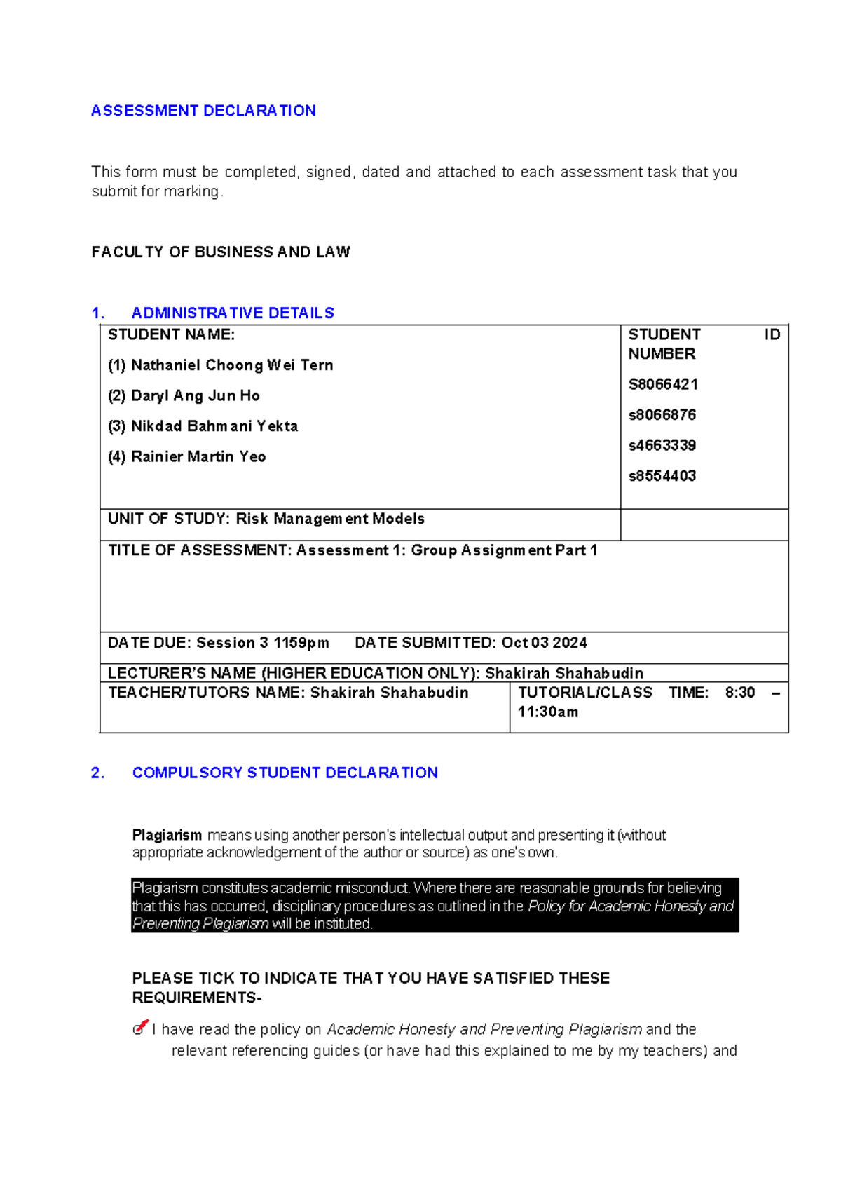 Group 5 - Assessment 3 final - ASSESSMENT DECLARATION This form must be ...