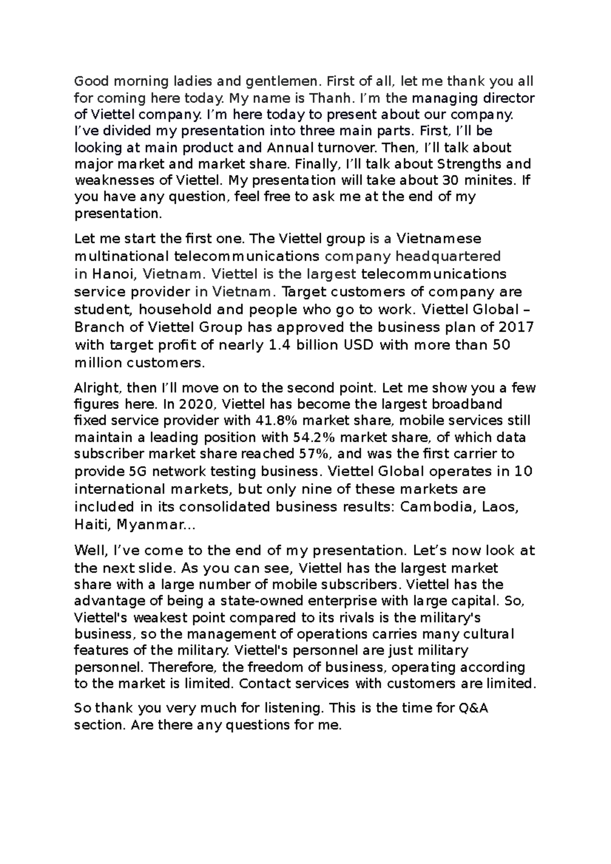 Speaking unit3 - ádasd - Good morning ladies and gentlemen. First of ...