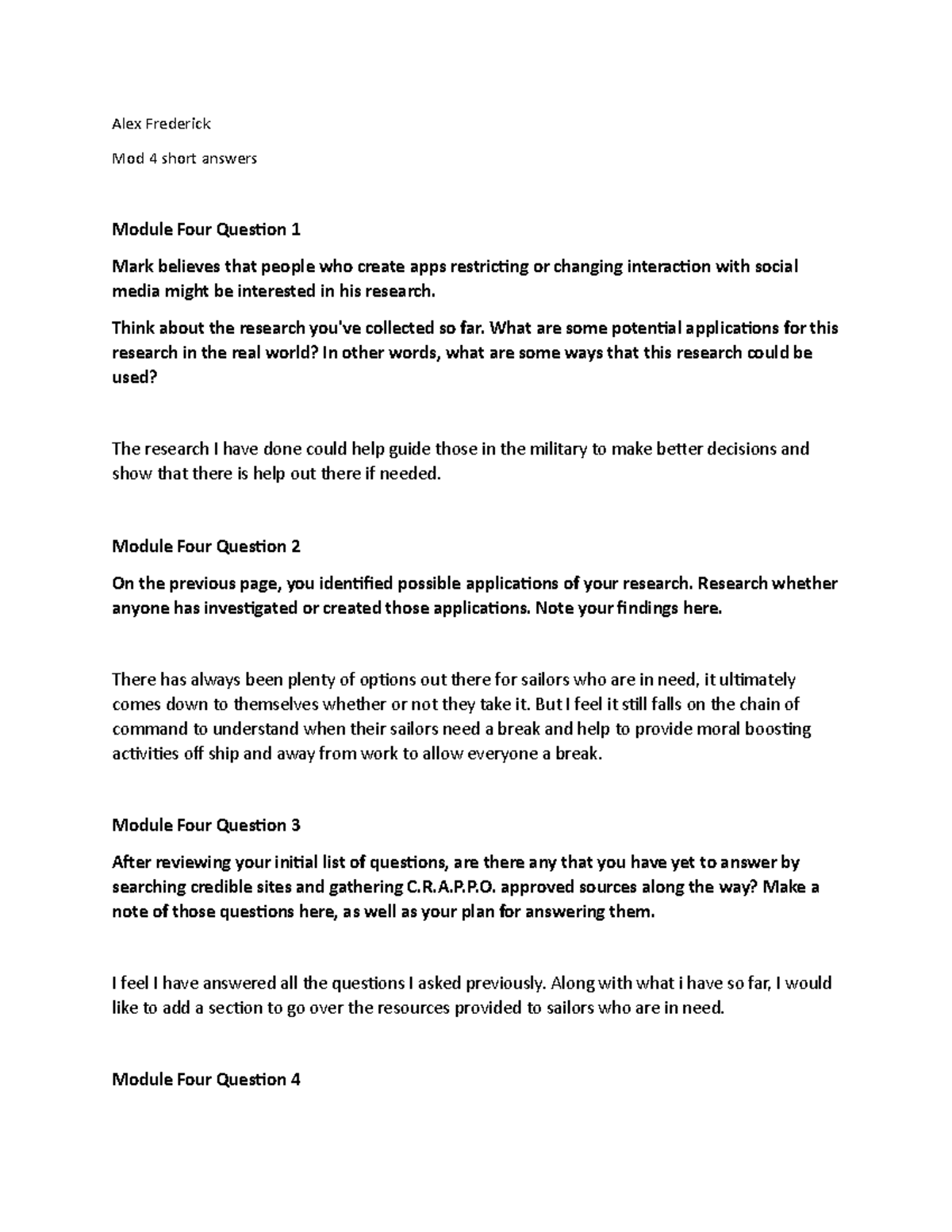 Scs200 mod 4 short answers - Alex Frederick Mod 4 short answers Module ...