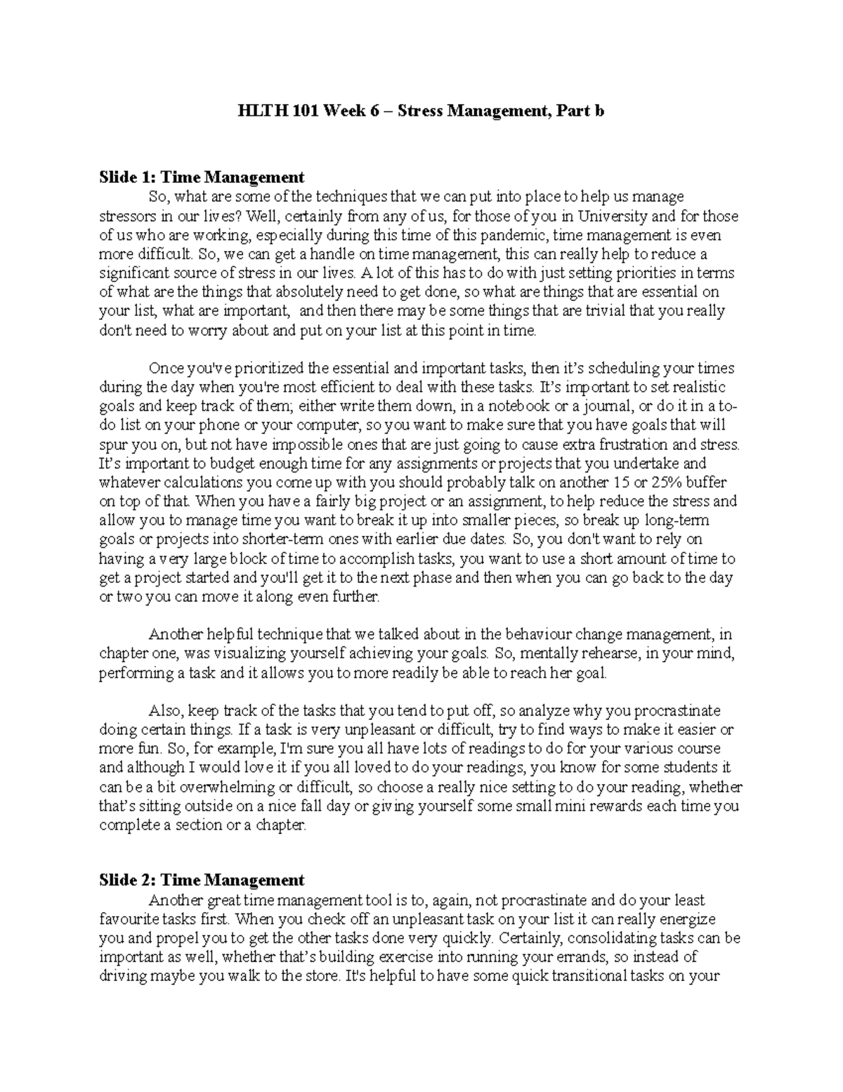 HLTH101 Week6 Stress Management Partb Transcript - HLTH 101 Week 6 – Stress Management, Part b ...