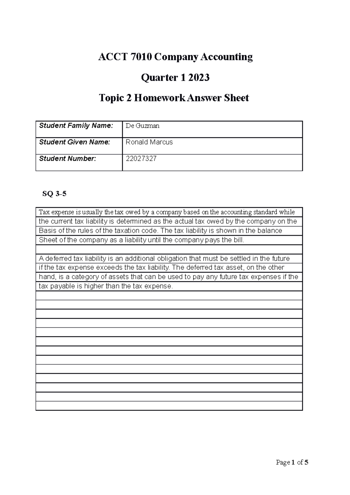 ACCT 7010 Company Accounting Week 2 HW Answer Sheet - ACCT 7010 Company ...