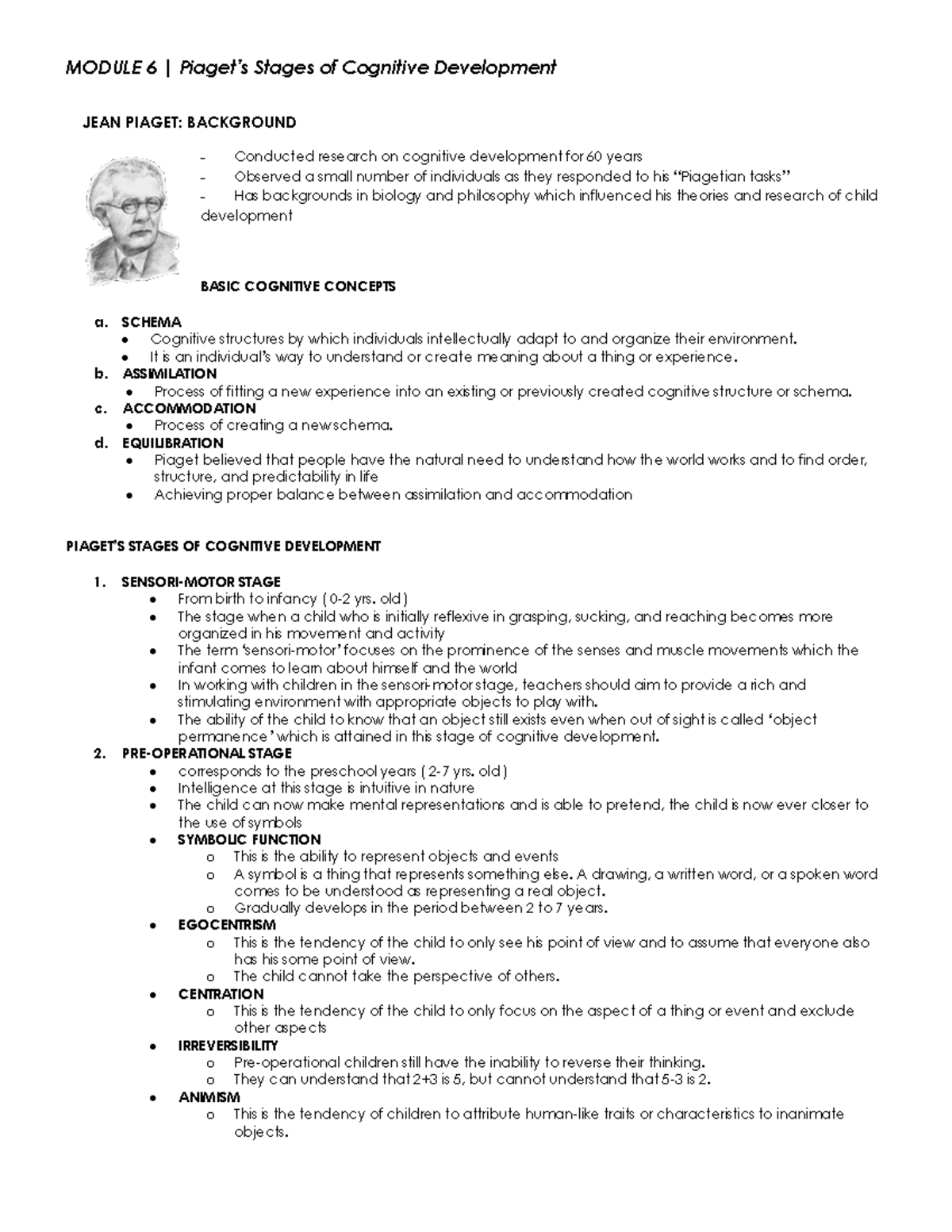 Module 6 Piaget’s Stages of Cognitive Development - MODULE 6 | Piaget’s ...