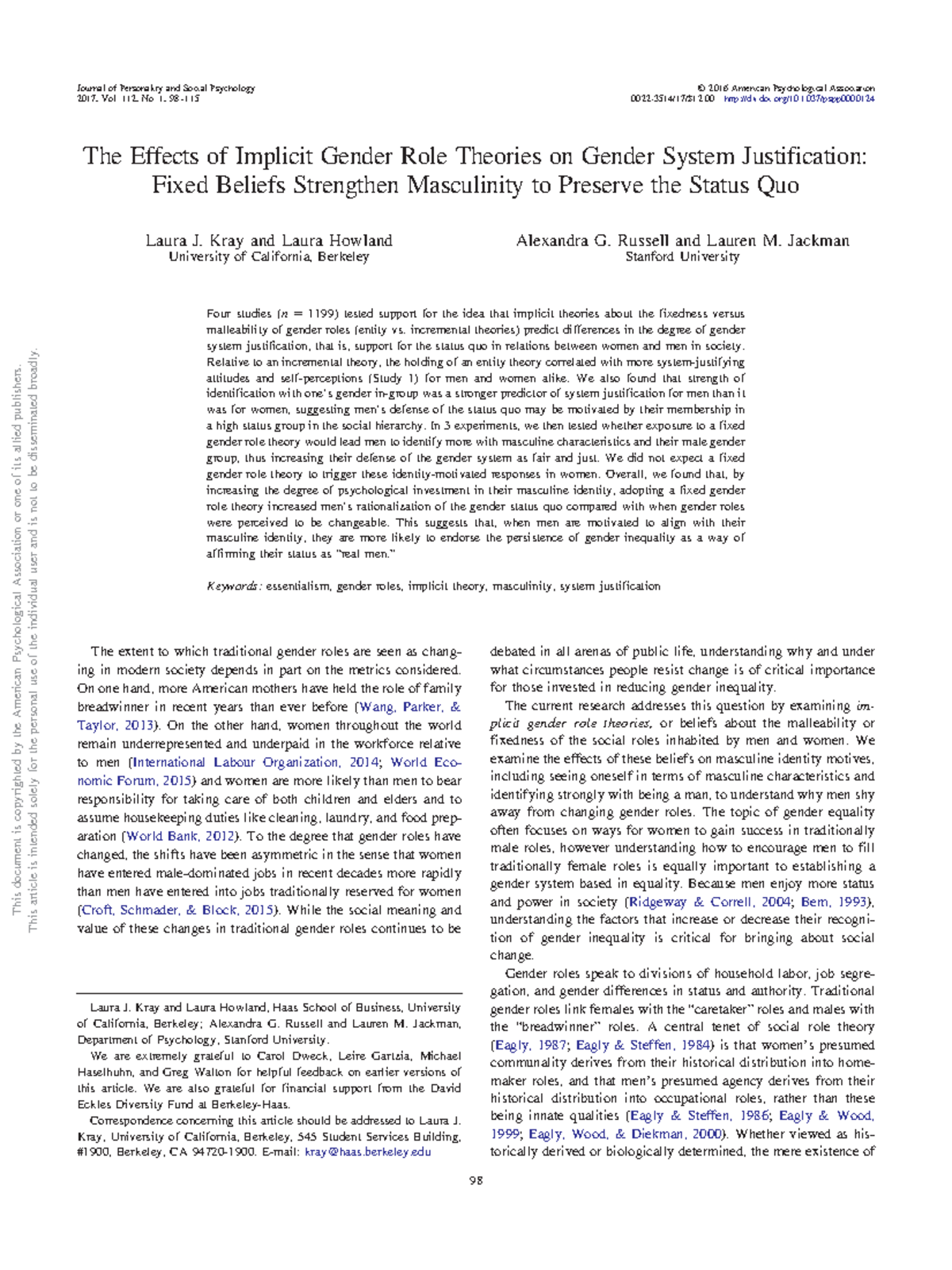 Effects of Implicit Gender Role Theories - Kray and Laura Howland ...