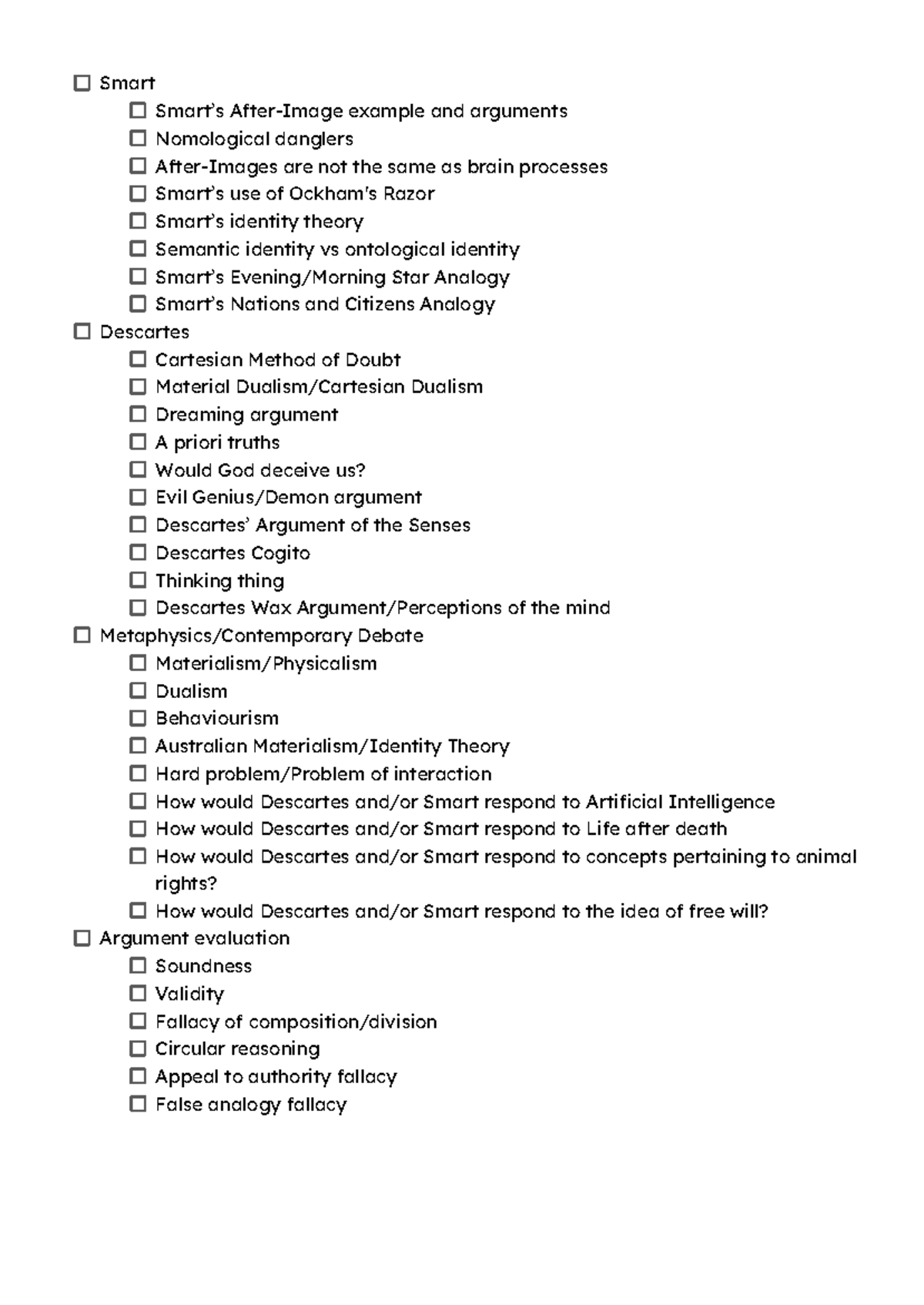 Revision Checklist - AOS1 Philosophy 3/4 - Smart Smart’s After-Image ...