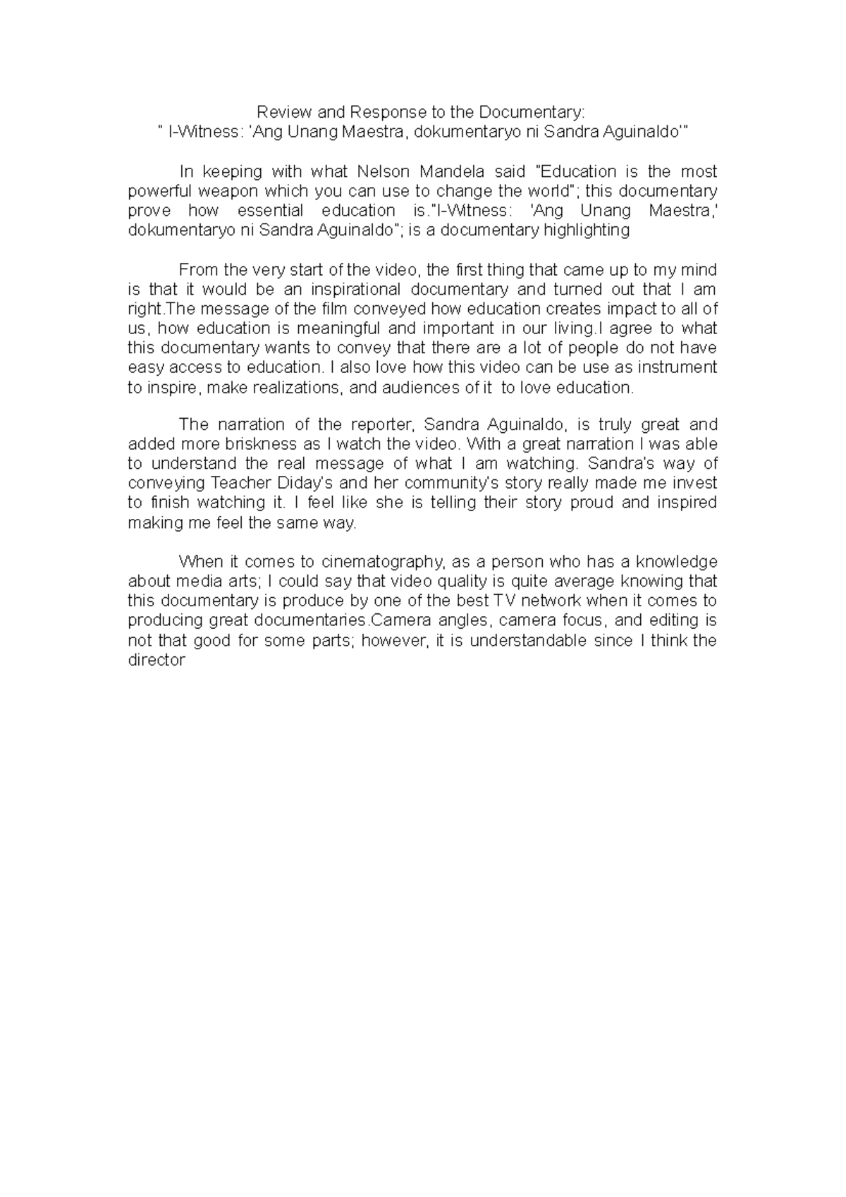 Review and Response to the Documentary - “I-Witness: 'Ang Unang Maestra ...
