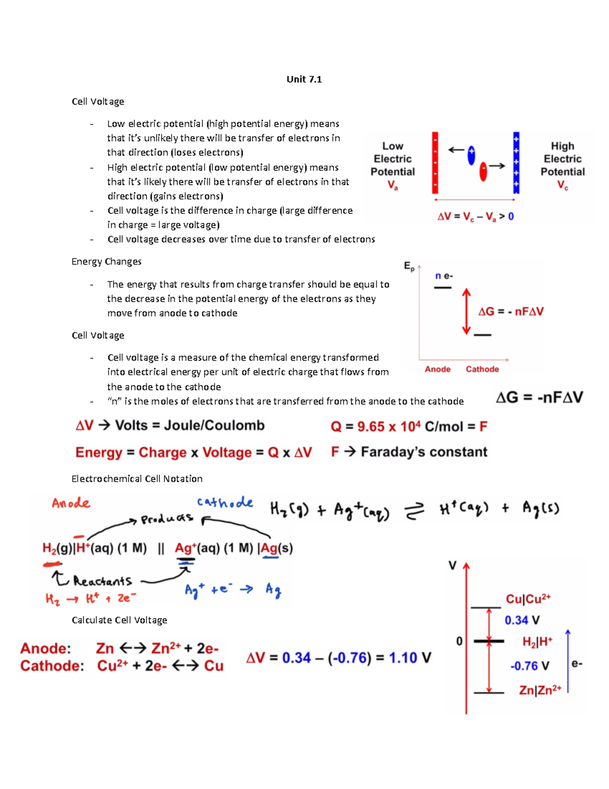 CHEM 1120 Final - Unit 7. Cell Voltage Low electric potential (high potential energy) means that ...