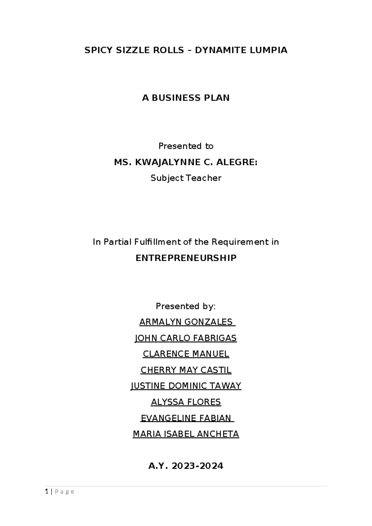 Business-PLAN-SILI - SPICY SIZZLE ROLLS – DYNAMITE LUMPIA A BUSINESS ...