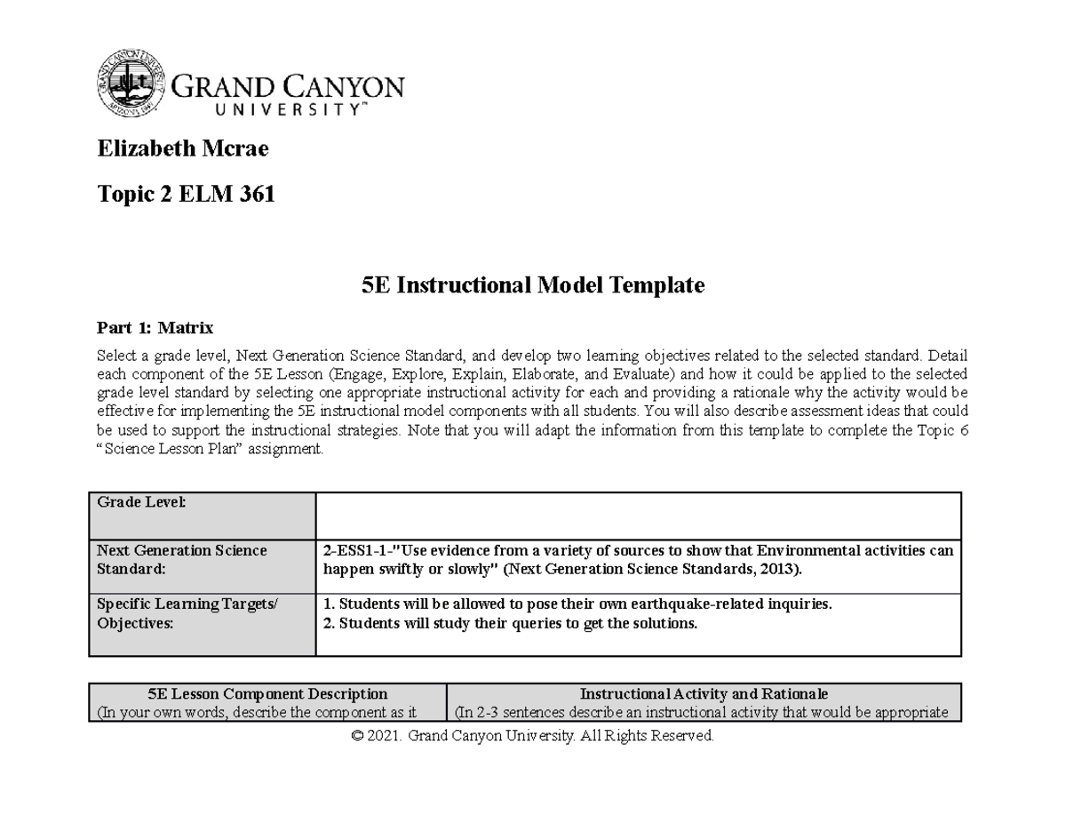 ELM 361 RS 5E Instructional Model - Elizabeth Mcrae Topic 2 ELM 361 5E Instructional Model ...