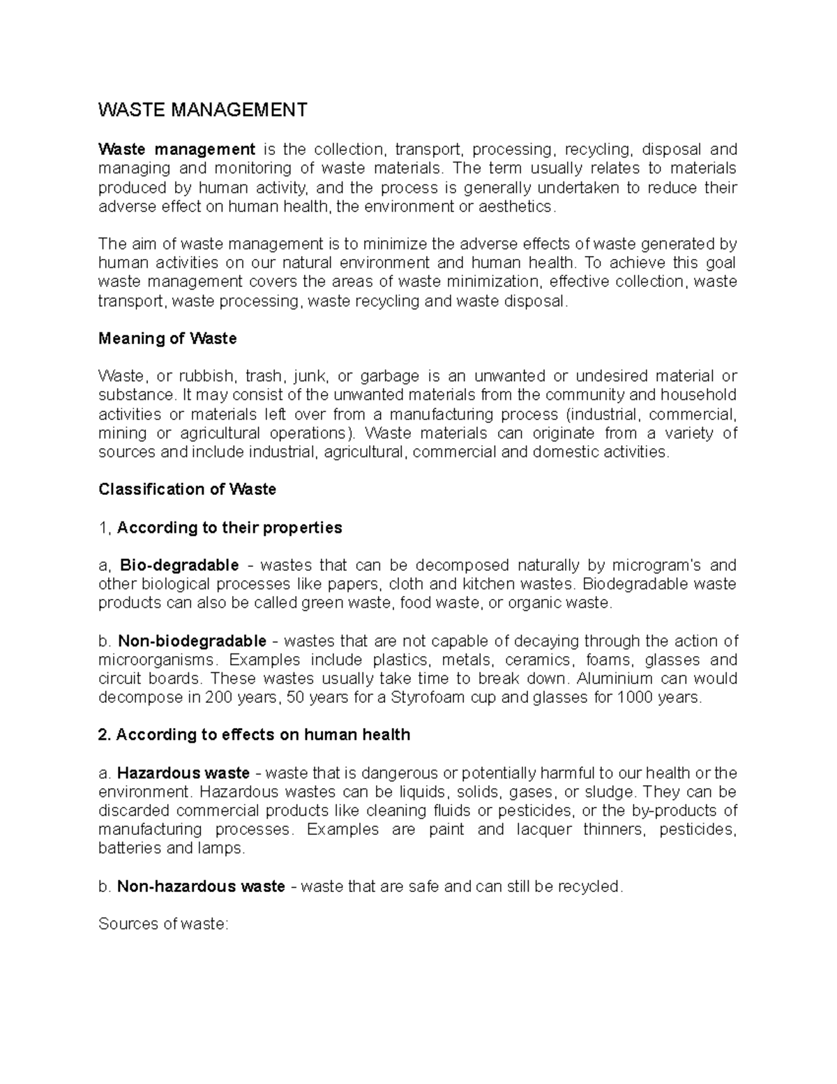 Waste Management - WASTE MANAGEMENT Waste management is the collection ...