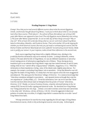 CLAS 150C1 - Diodorus on Menes - CLAS 150C Diodorus Siculus on ‘King ...