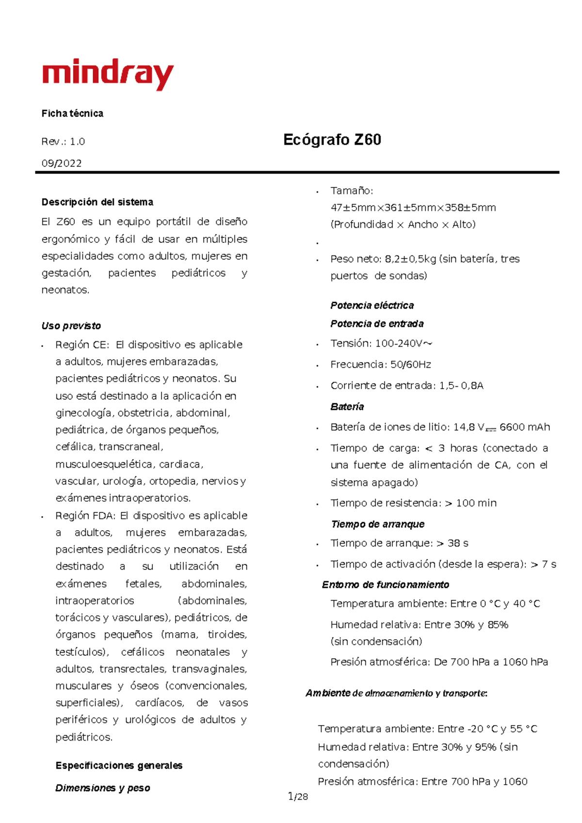 Z60 Datasheet 2023 Cusco SURrev - Ficha técnica Rev.: 1 Ecógrafo Z 09 ...
