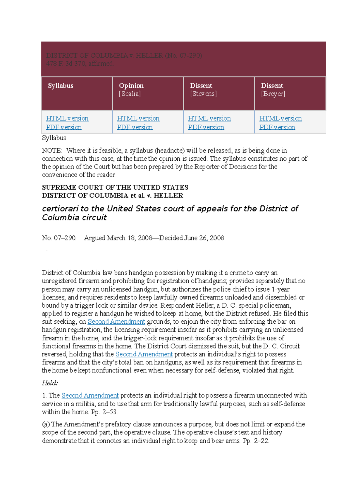 District OF Columbia v Heller 2008 Syllabus - DISTRICT OF COLUMBIA v ...