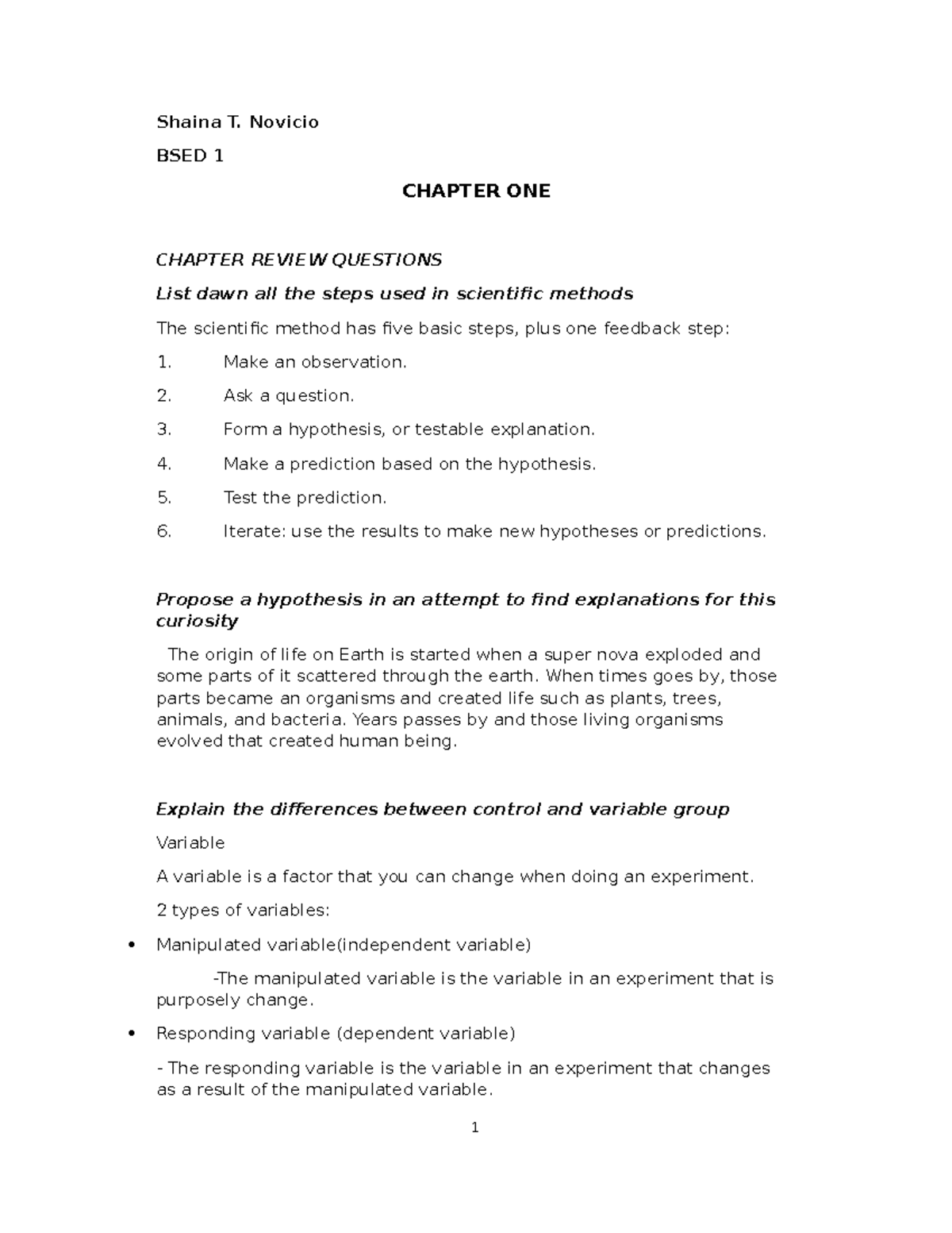 Biology- Finals - Shaina T. Novicio BSED 1 CHAPTER ONE CHAPTER REVIEW QUESTIONS List dawn all ...