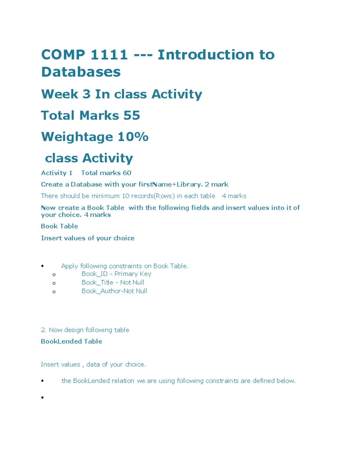 Comp1111 Assignment #1 - COMP 1111 - Introduction to Databases Week 3 ...