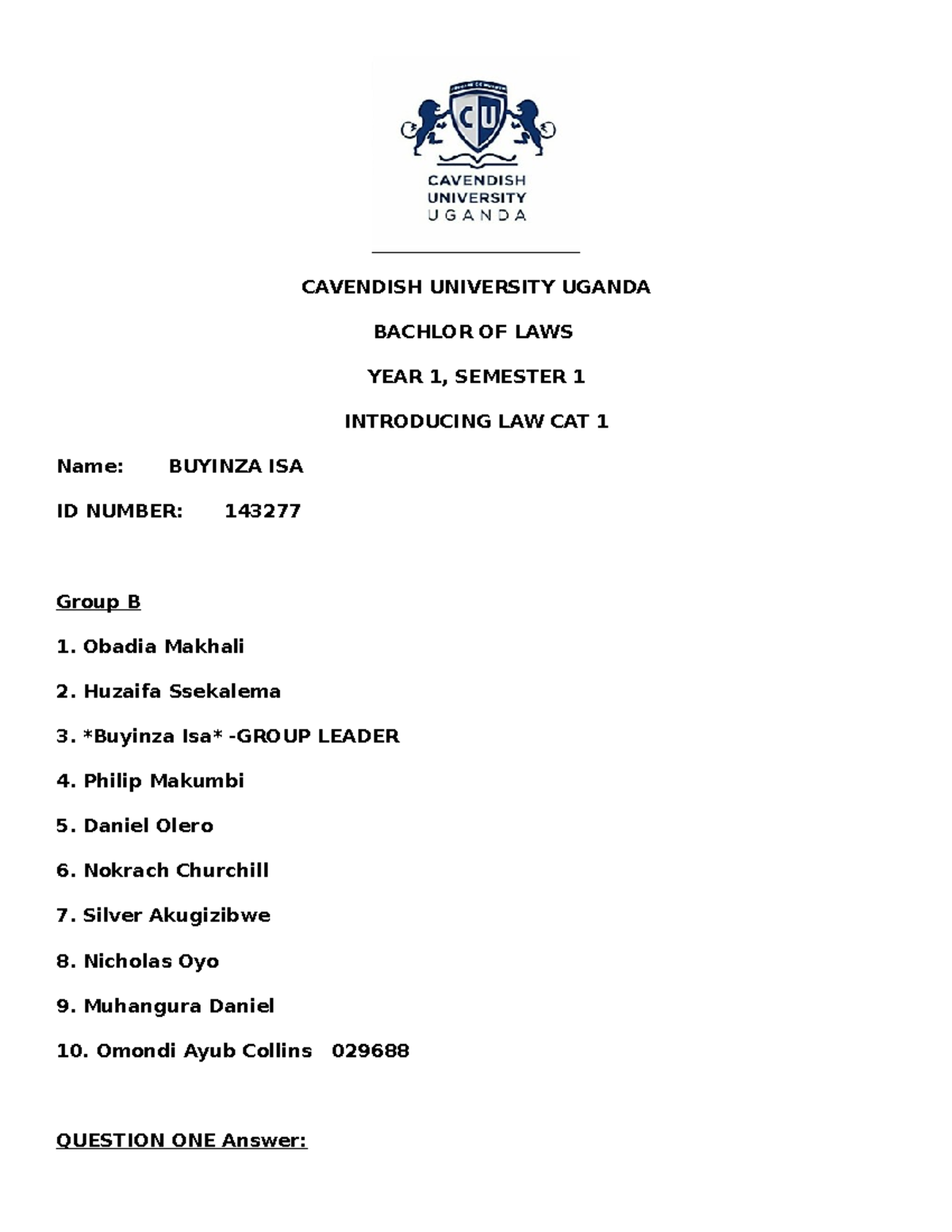 Introducing law CAT1 Buyinza Isa 143277 - CAVENDISH UNIVERSITY UGANDA ...