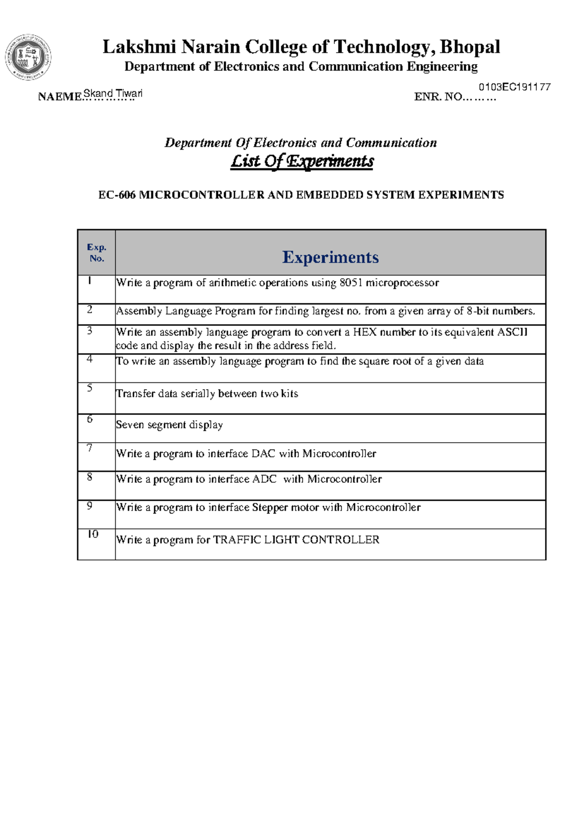 Microcontroller-lab-EC-606 - Department of Electronics and Communication Engineering - Studocu