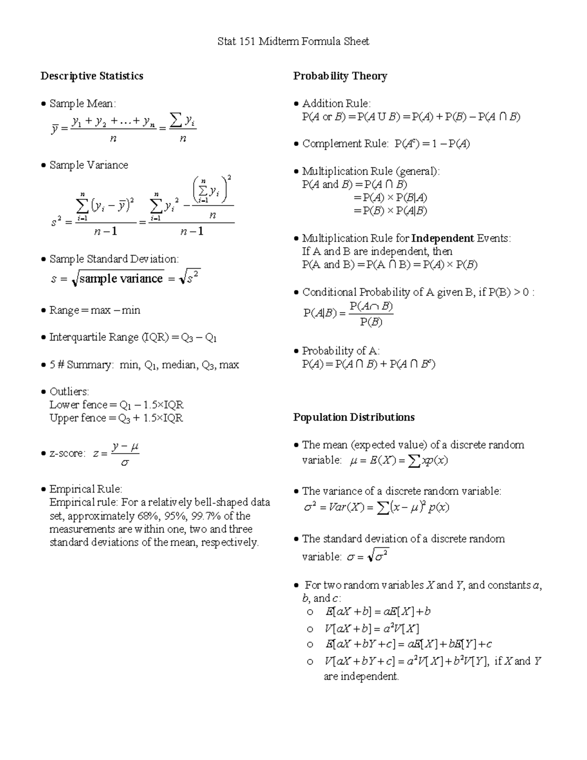 Stat 151 Formula Sheet - Midterm - Stat 151 Midterm Formula Sheet Descriptive Statistics Sample ...