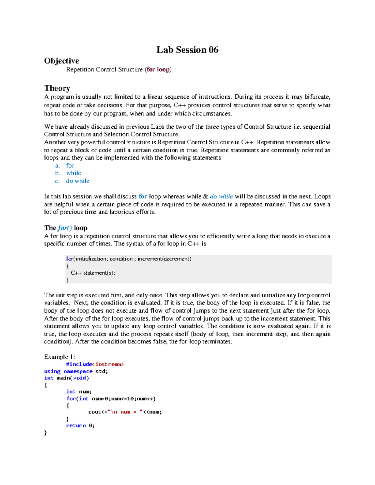 Lab Session 6 - C++ Lab Material - Lab Session 06 Objective Repetition Control Structure (for ...
