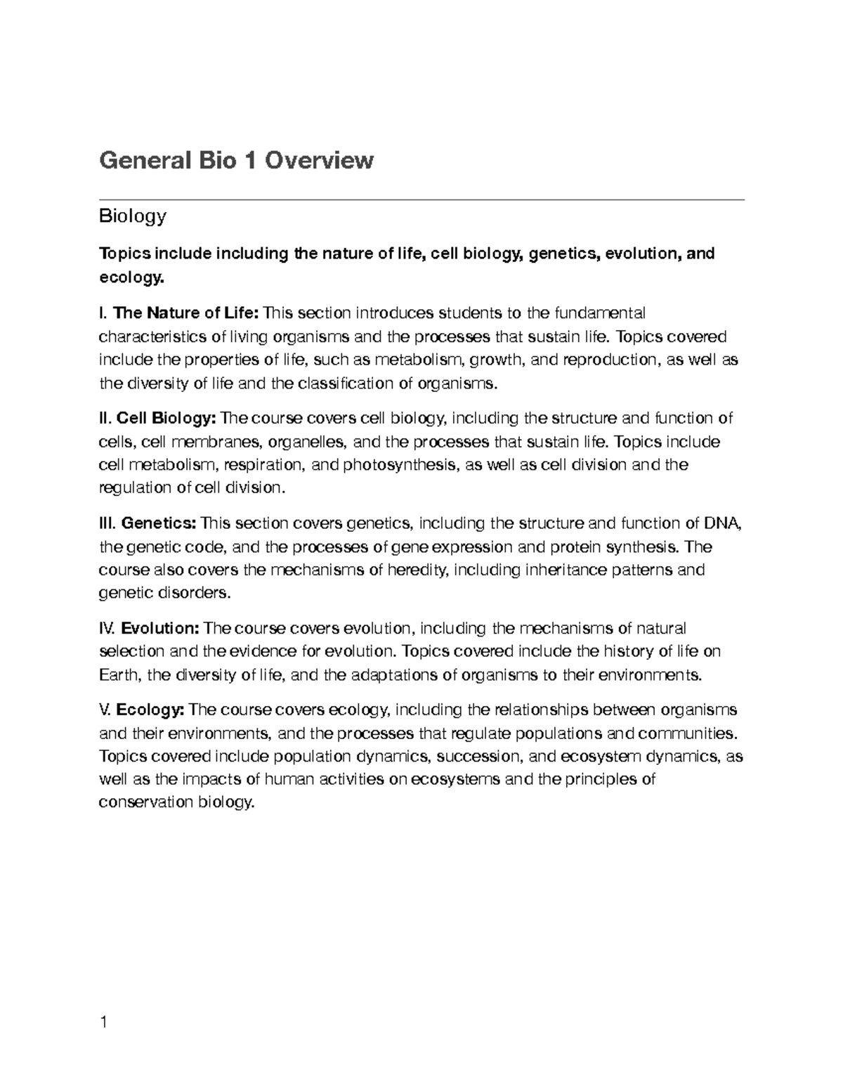 General Bio 1 Overview - General Bio 1 Overview Biology Topics include ...