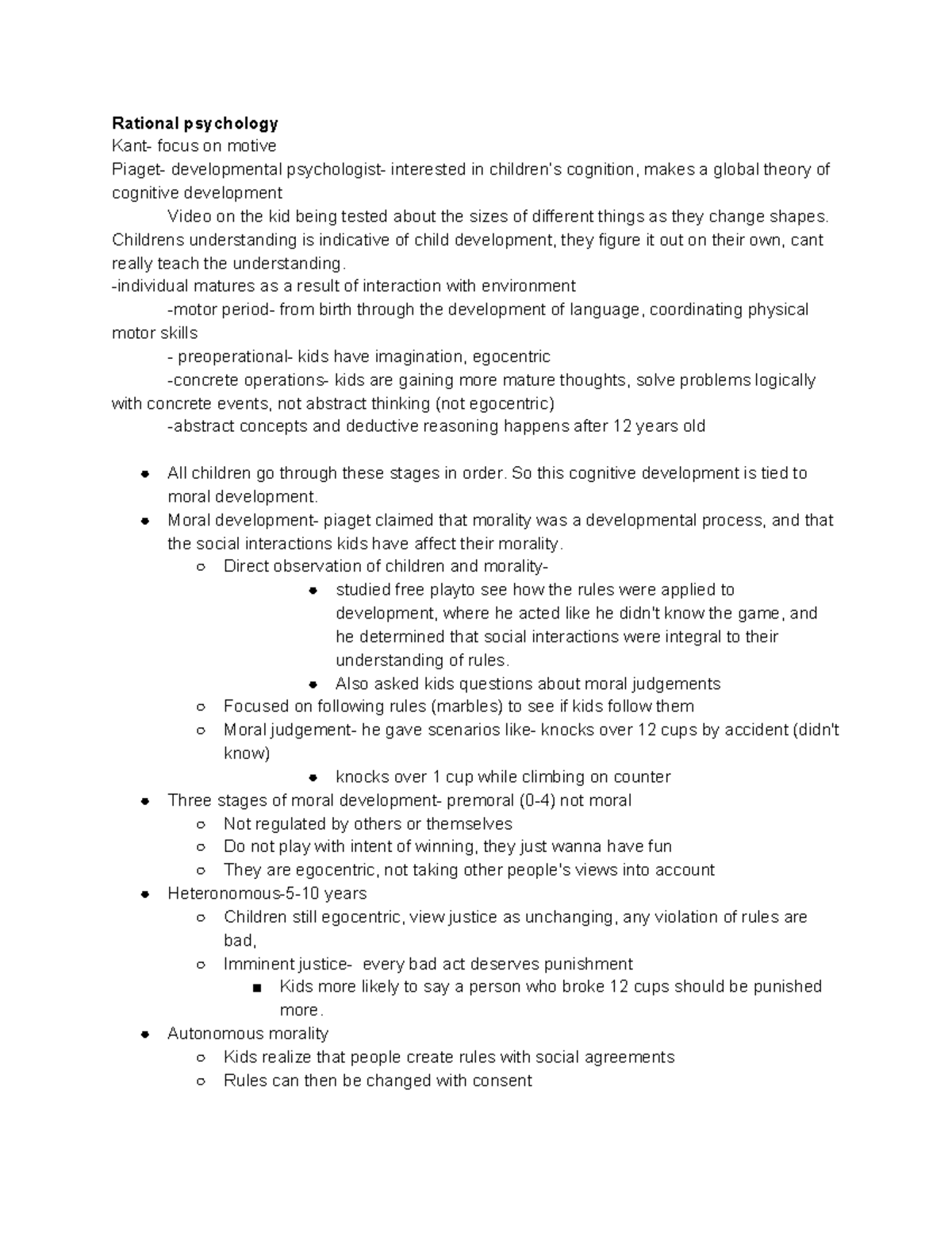 Child morality - Lecture notes 1-20 - Rational psychology Kant- focus ...