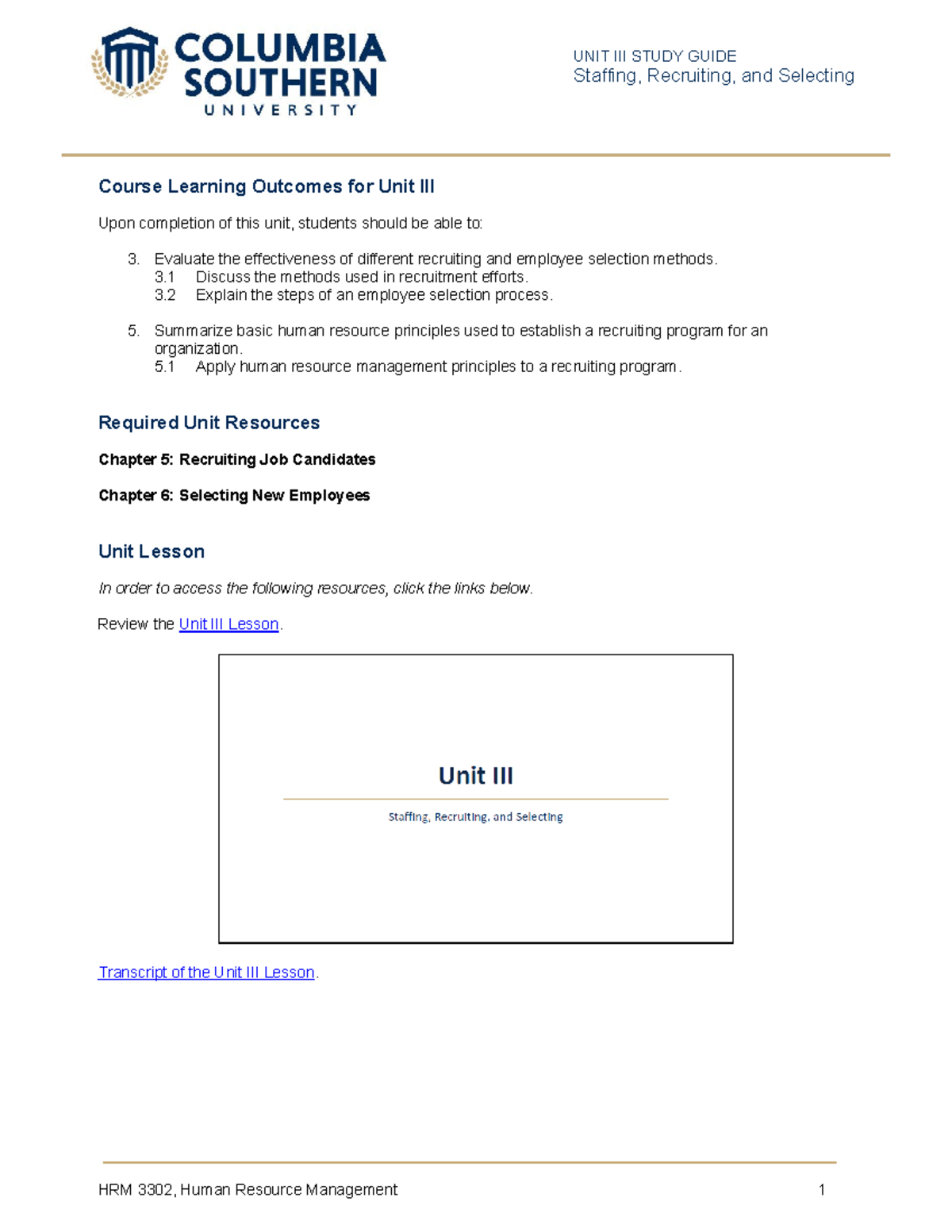 HRM 3302 Unit III Study Guide - HRM 3302, Human Resource Management 1 Course Learning Outcomes ...