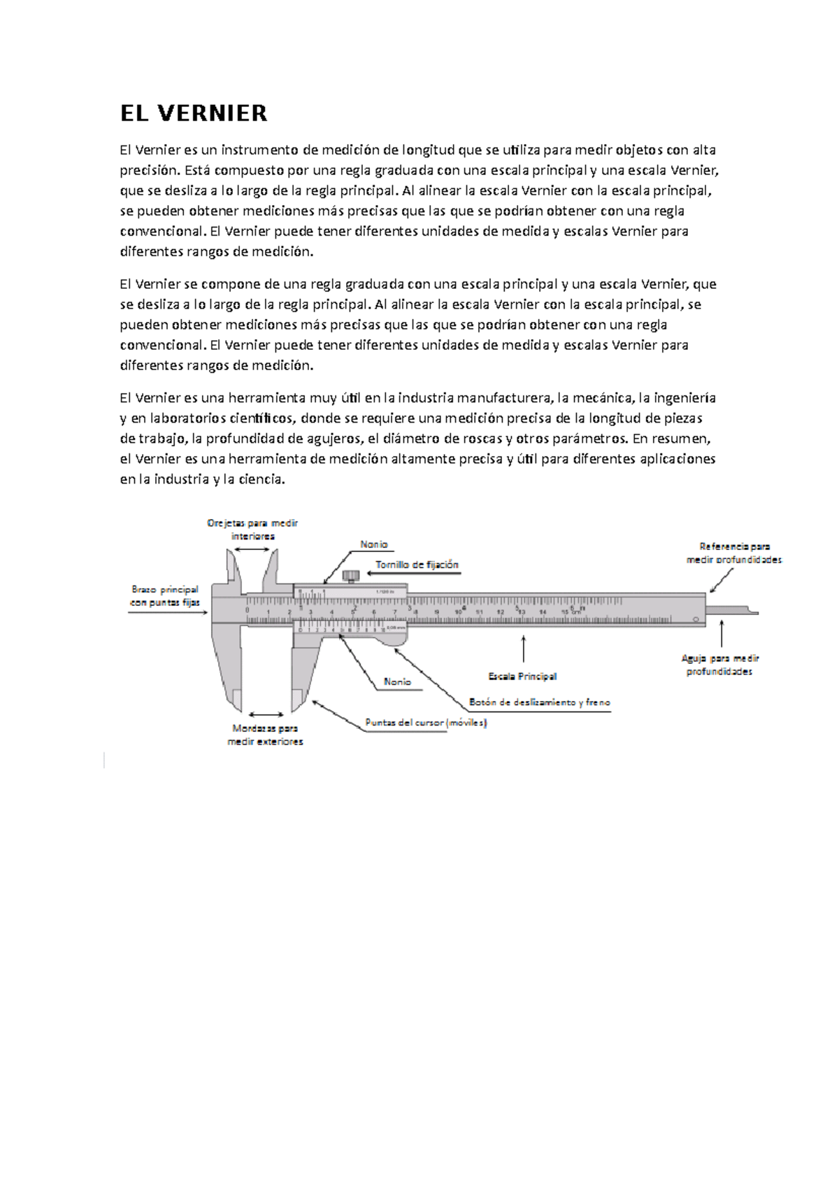 EL Vernier - informe - EL VERNIER El Vernier es un instrumento de medición de longitud que se ...