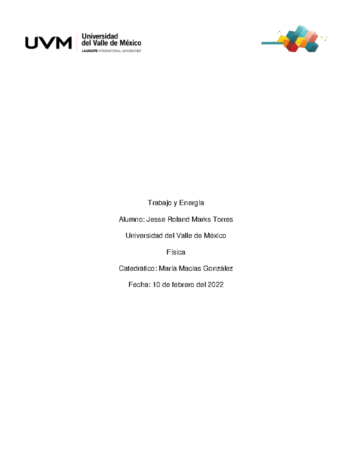 Actividad 4 trabajo y energia RESULETO uvm - Trabajo y Energía Alumno ...