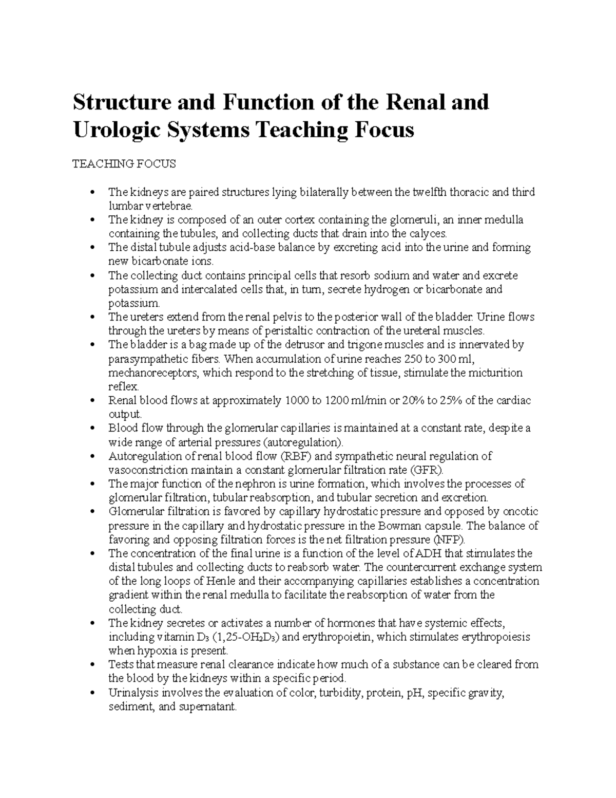 Structure and Function of the Renal and Urologic Systems Teaching Focus - Structure and Function ...