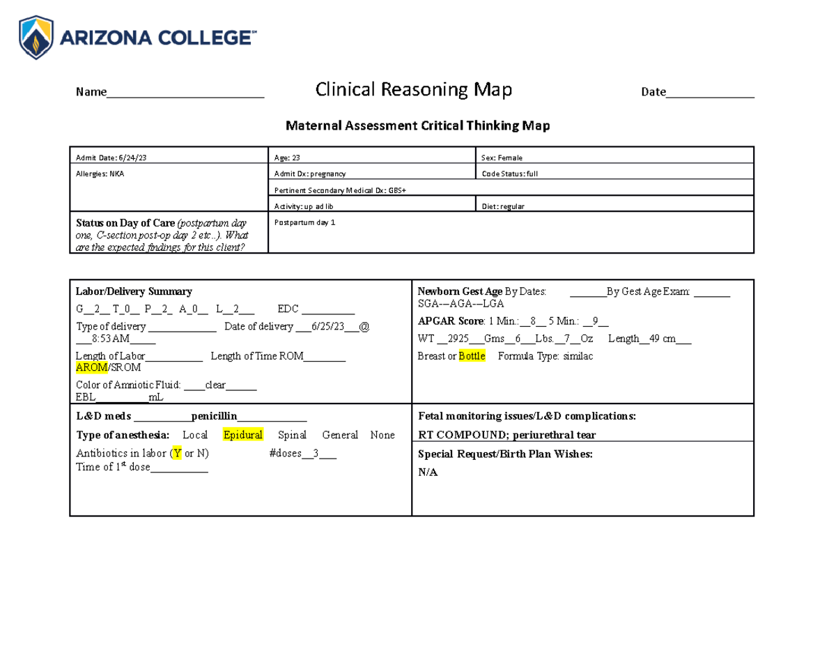 Maternal CTM - Critical Thinking Map - Maternal Assessment Critical ...
