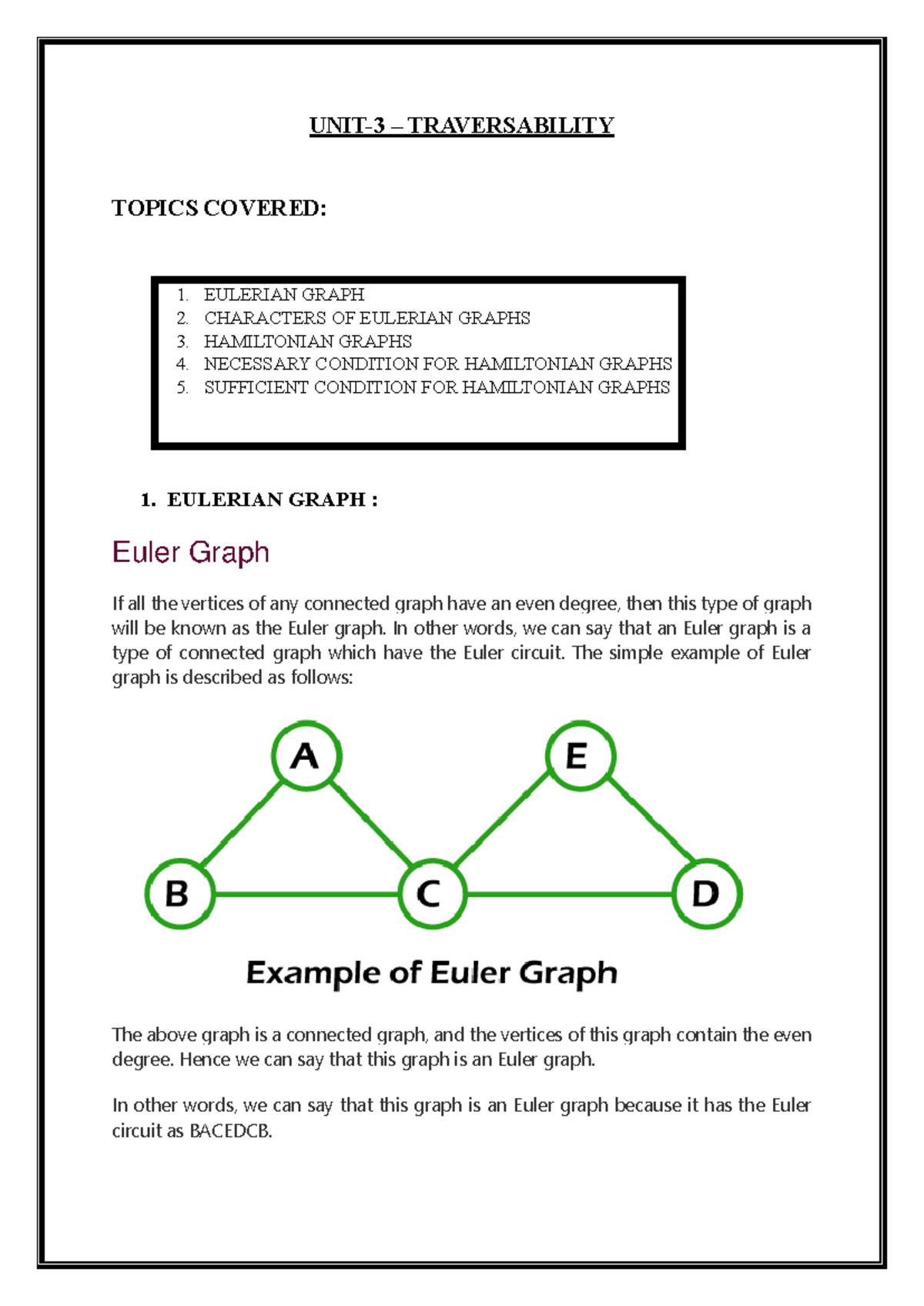GT UNIT-3 Notes - UNIT- 3 – TRAVERSABILITY TOPICS COVERED: EULERIAN ...