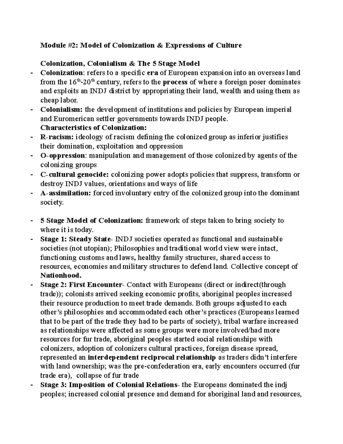 INDJ 107 MOD-2 - indj 107 notes - Module #2: Model of Colonization ...