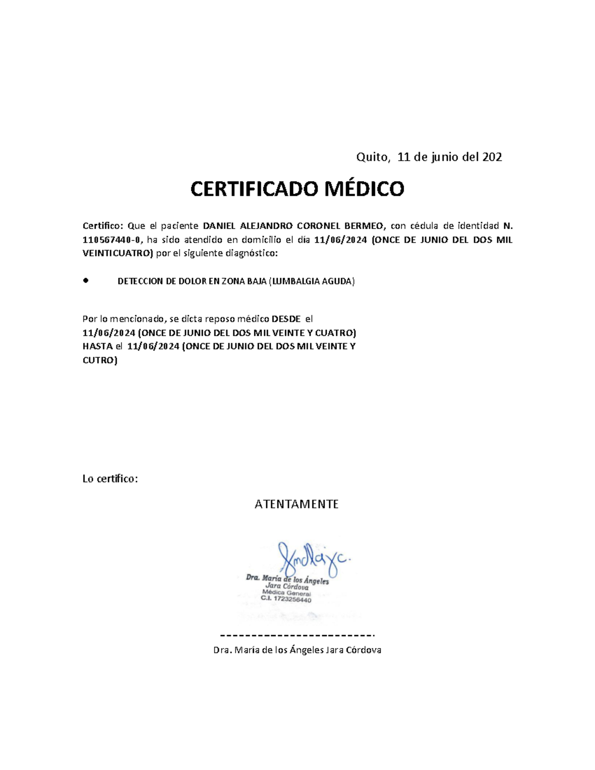 Certificado Daniel Coronel - Quito, 11 de junio del 202 CERTIFICADO ...