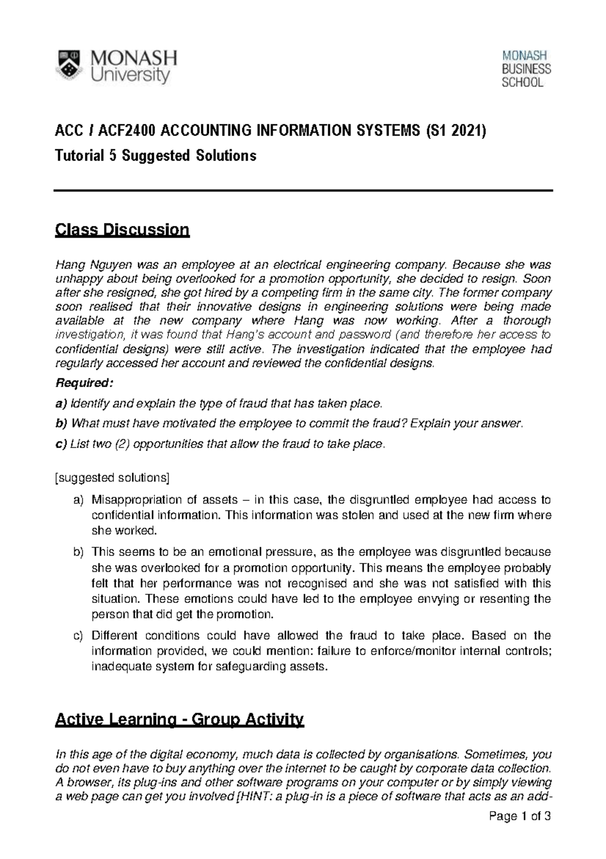 ACC ACF 2400 Tutorial 5 Suggested Solutions Semester 1 2021 - ACC2400 ...