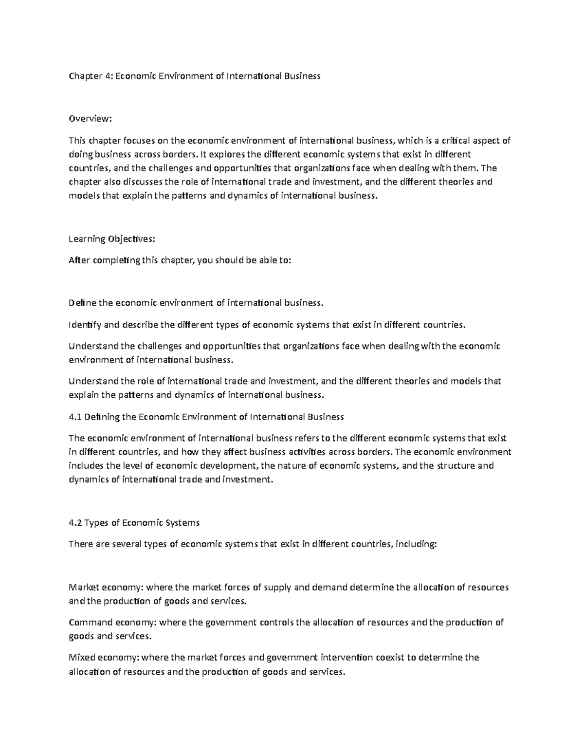 Chapter 4 IB - Chapter 4: Economic Environment of International Business Overview: This chapter ...